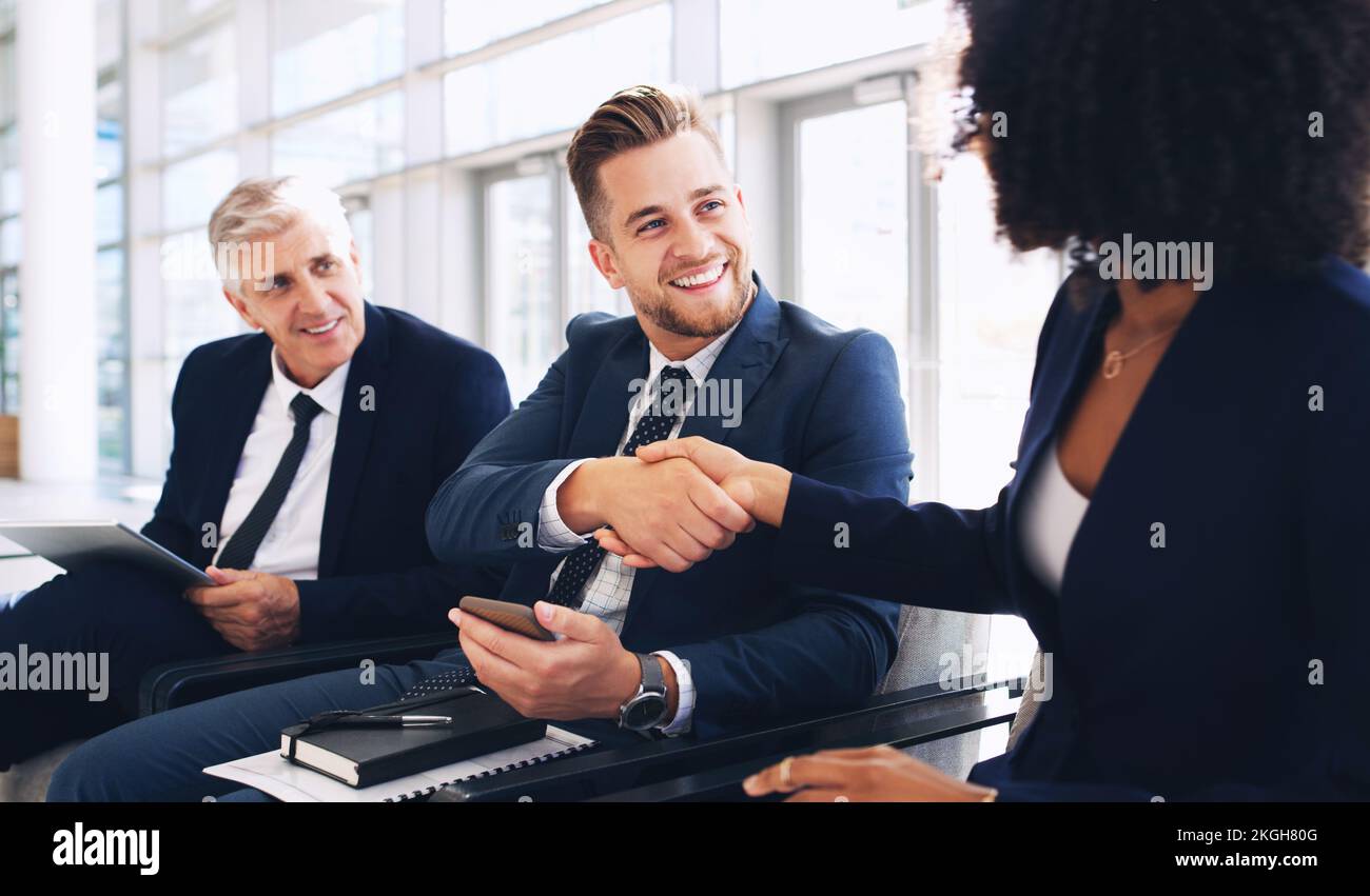 Businessman, shaking hands and corporate meeting interview for ...