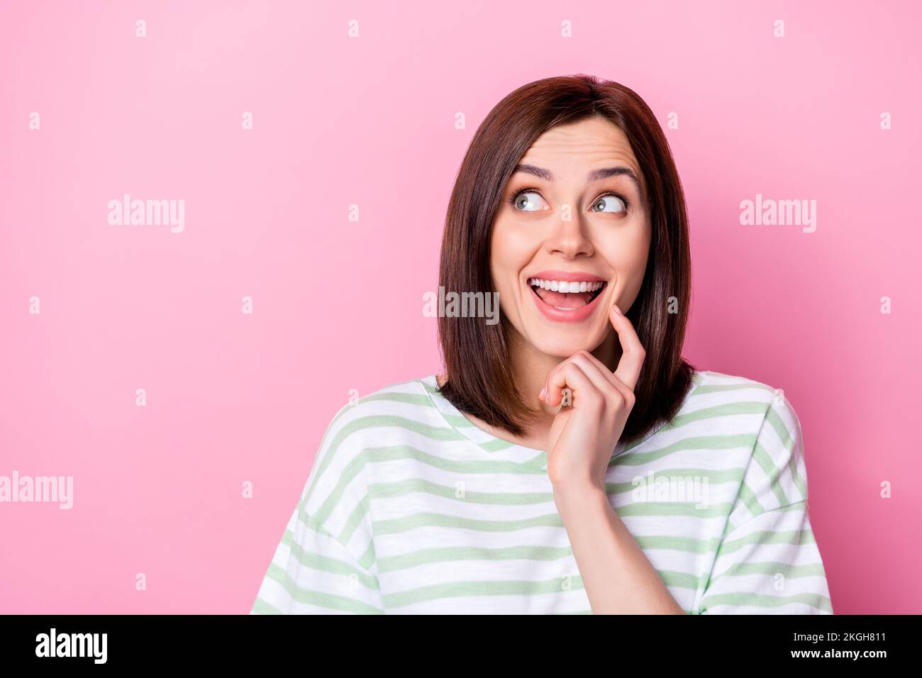 Closeup photo of young attractive girl touch cheeks positive dreamy ...