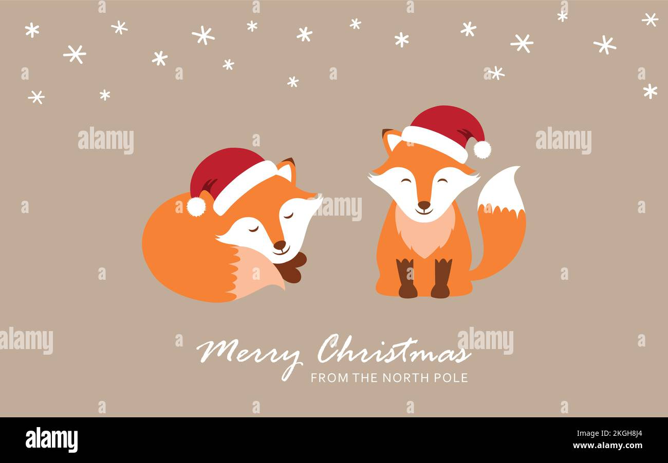 merry christmas greeting card with cute fox with santa hat Stock Vector ...