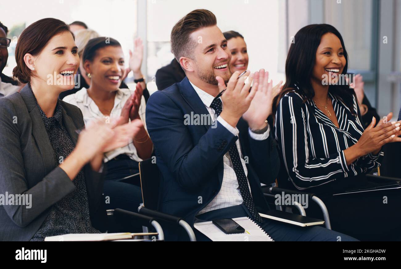 Business people, applause and conference audience, crowd and tradeshow ...
