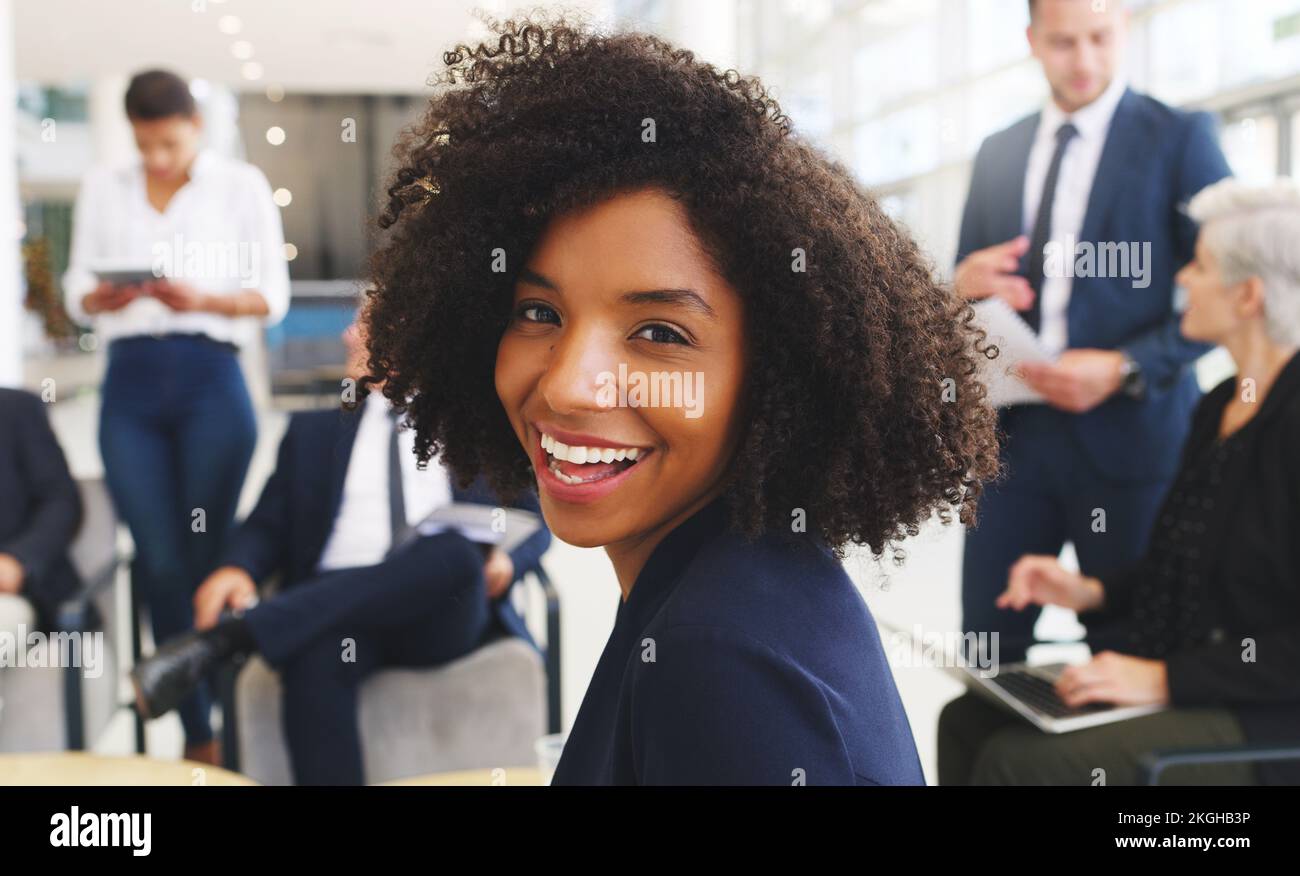 Black woman, portrait and happy in business meeting, collaboration or ...