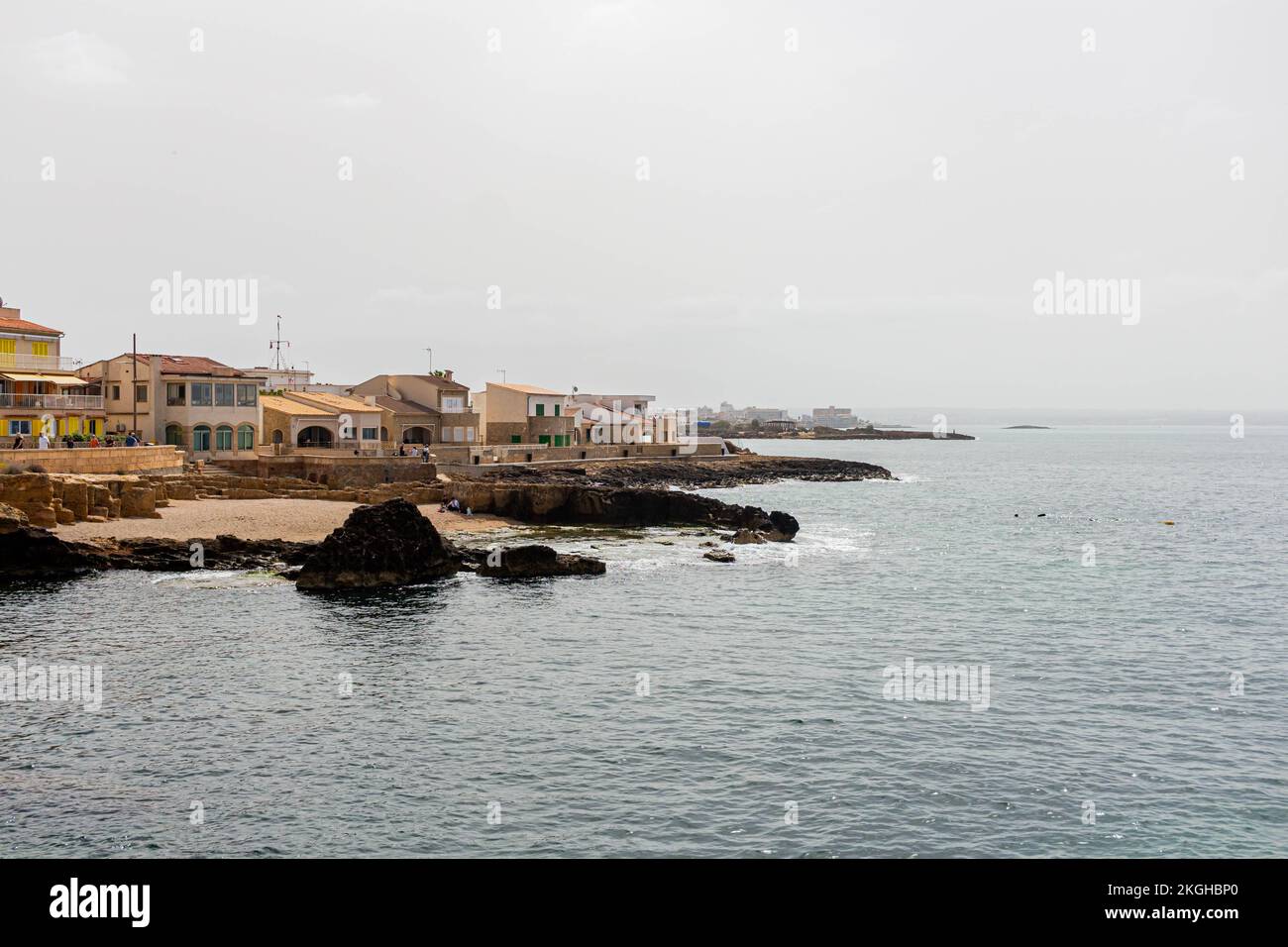 The view of the shore with town buildings. Illes Balears, Spain Stock ...