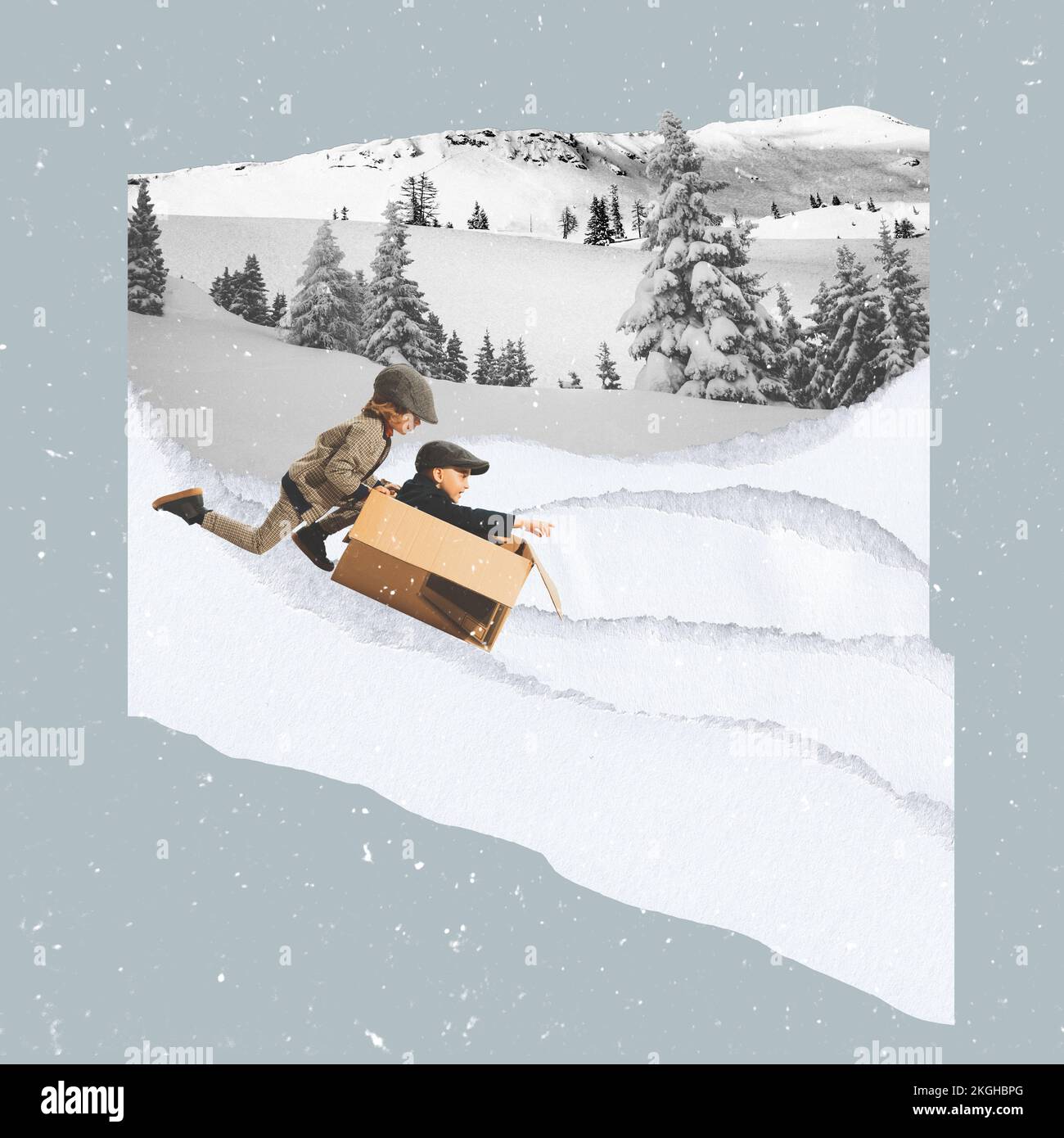 Contemporary art collage. Creative design. Two little boys, children ...