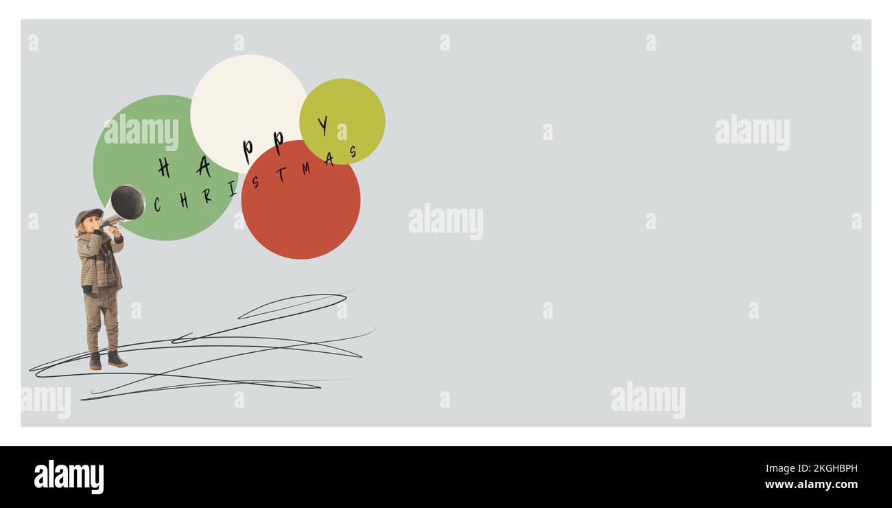 Contemporary art collage. Creative design. Little boy, child shouting ...