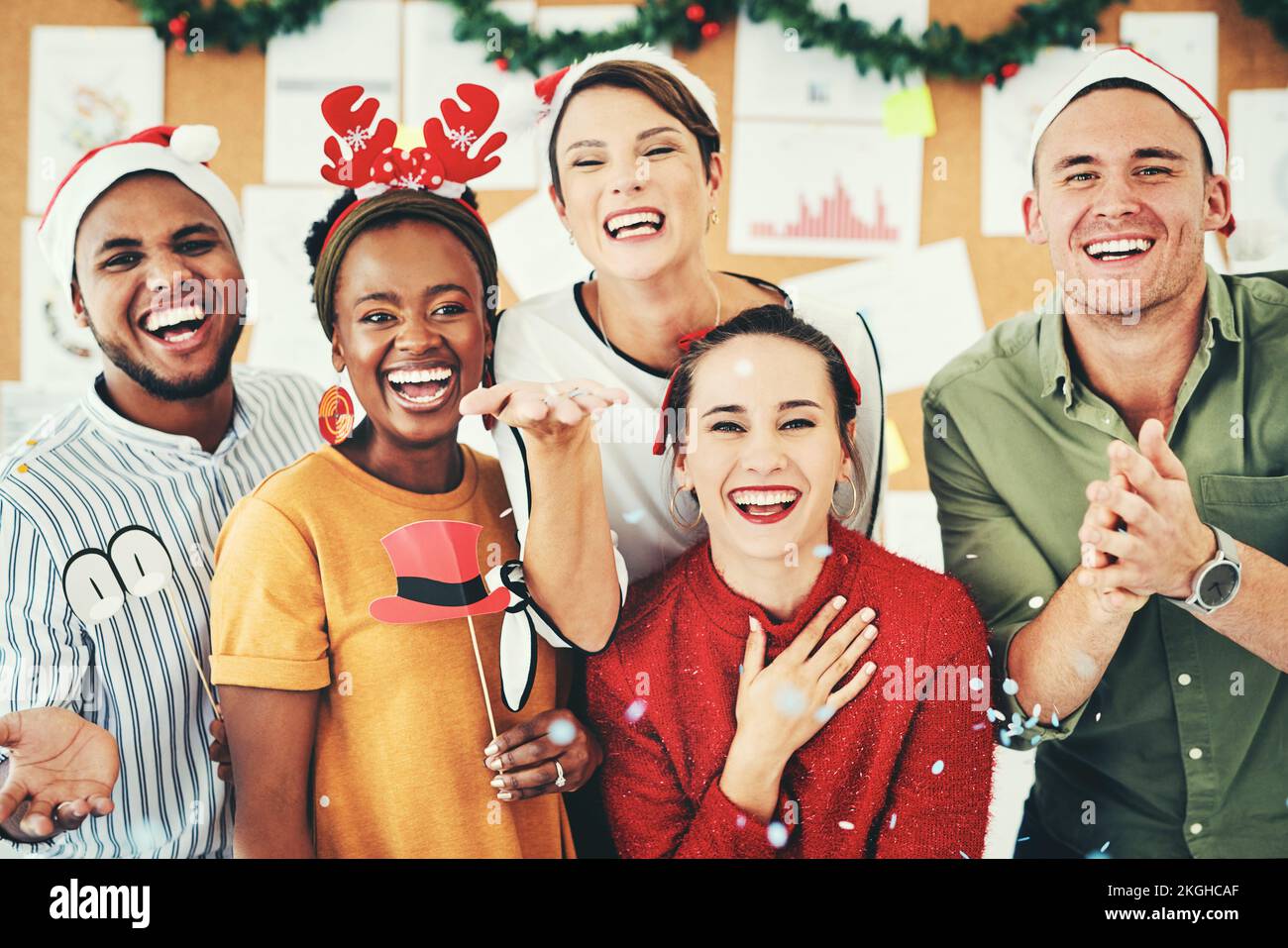 Portrait, office and people in a Christmas party in celebration of a ...