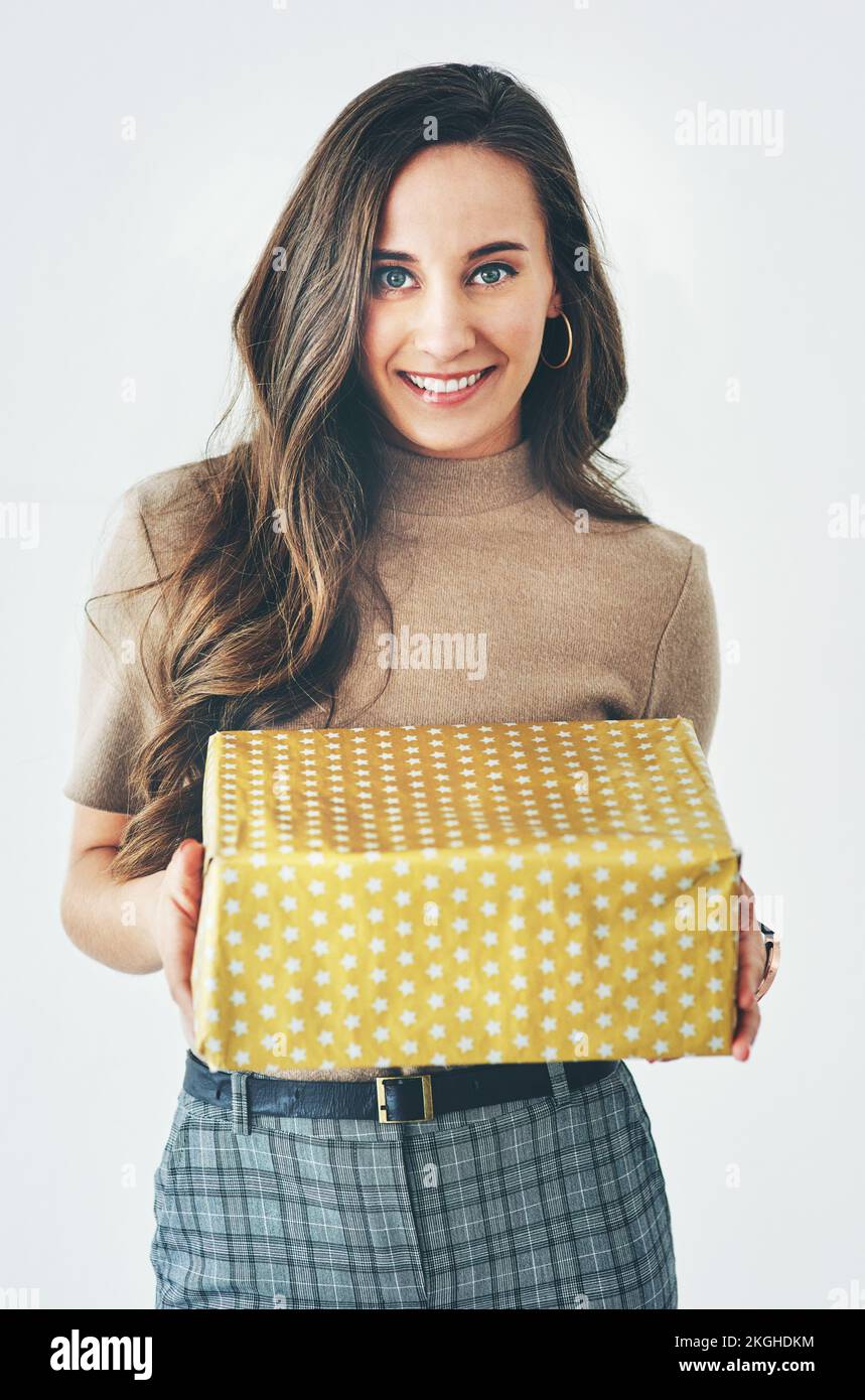 Gift, woman and present for celebration, christmas or birthday on a ...