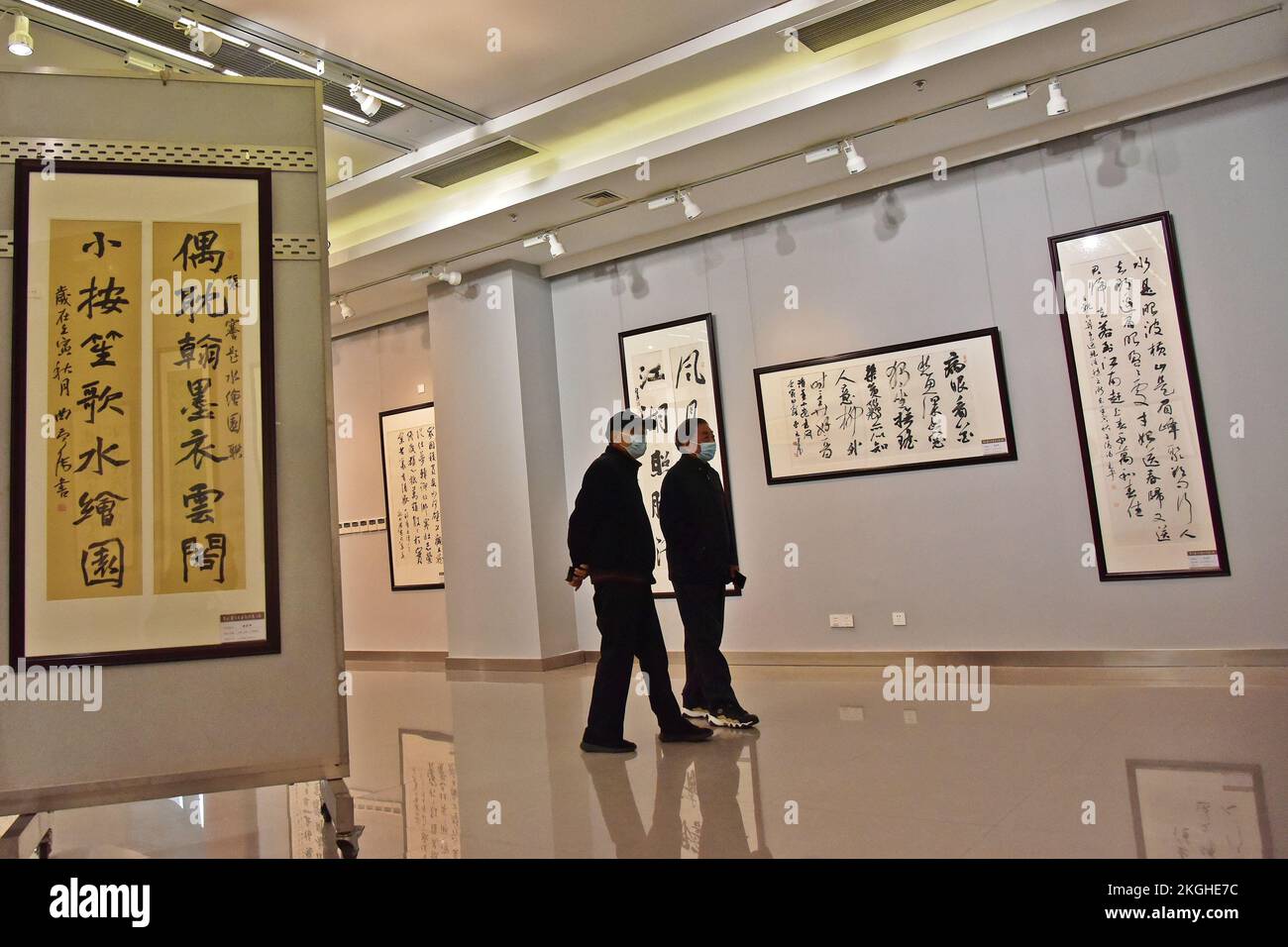 Visitors are appreciating the Chinese calligraphy works in the National ...