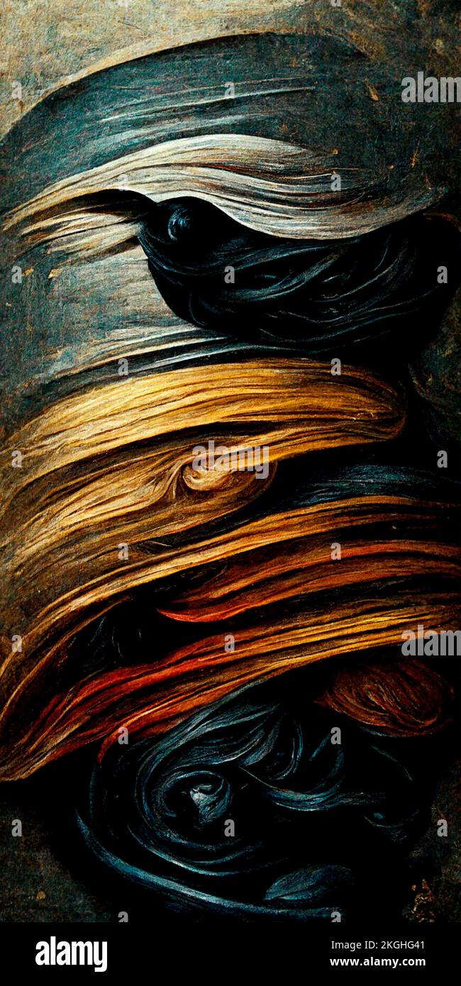 A vertical abstract art of a black bird with dark blue and orange brush ...