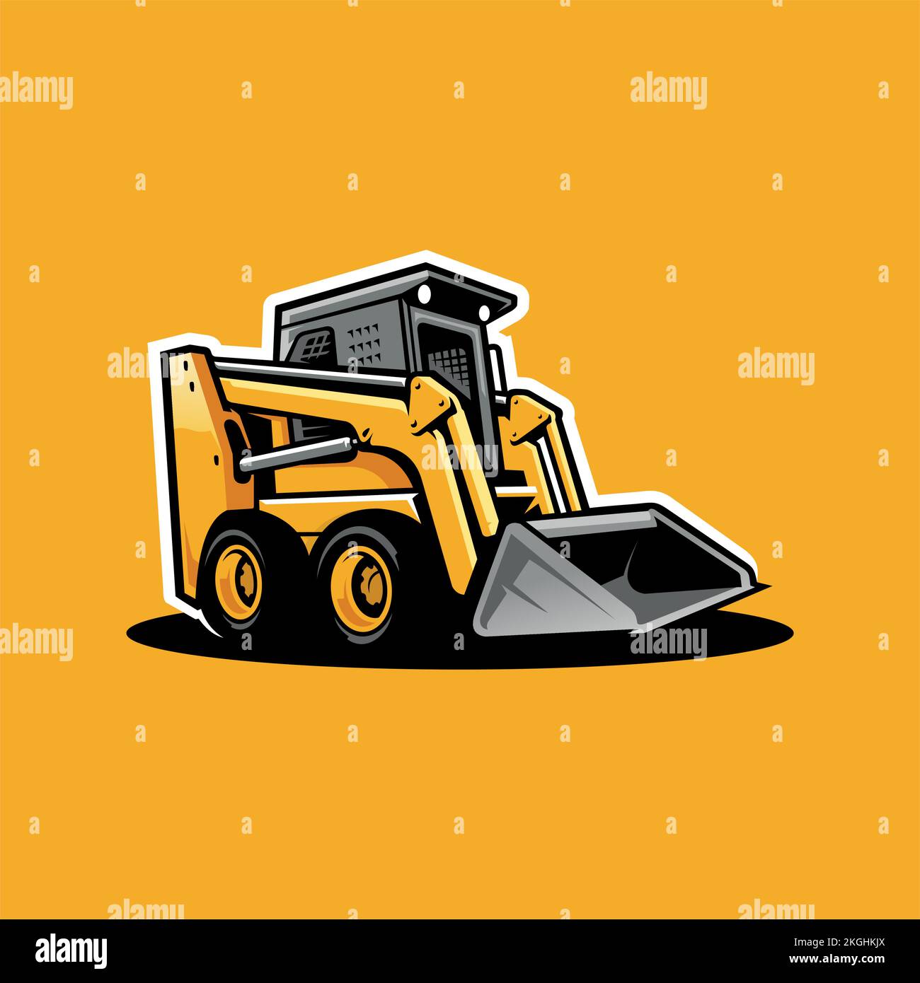 An editable vector of a skid steer excavator on an orange background ...