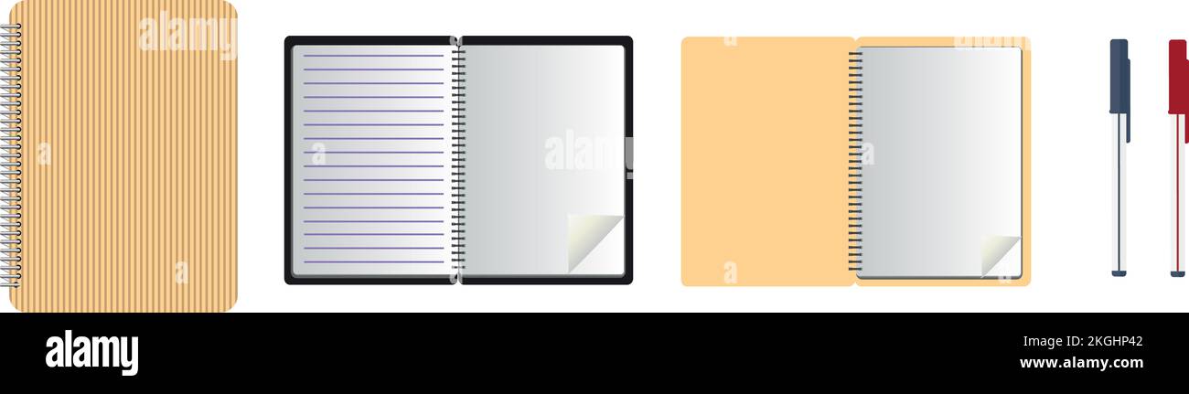 Three blank notebooks with pens isolated on a white background Stock ...