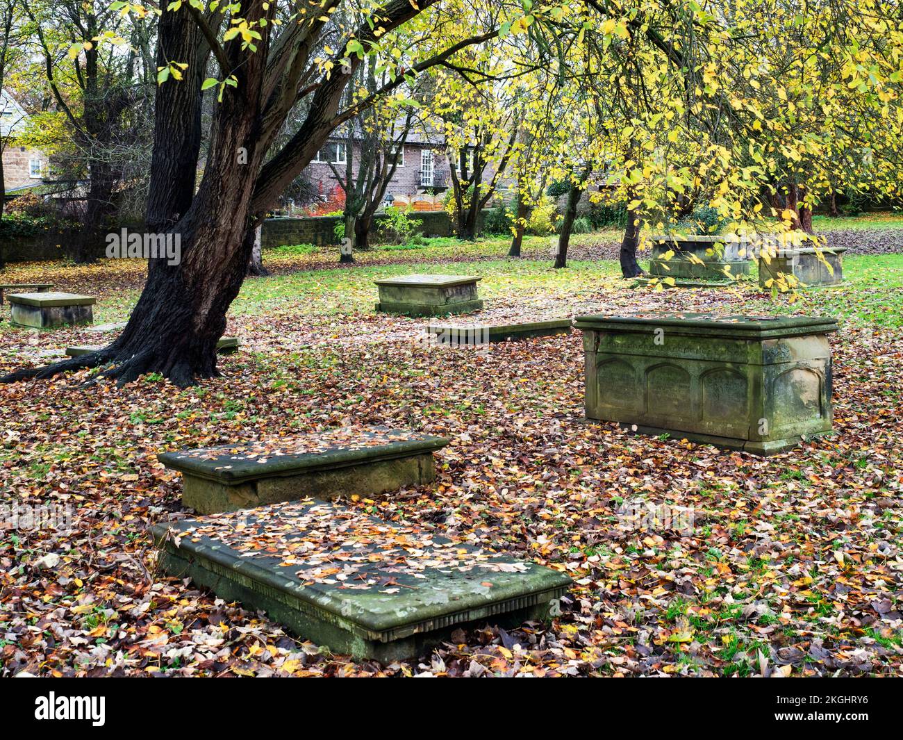 Graves under autumn tree at St Johns Church in Knaresborough North ...