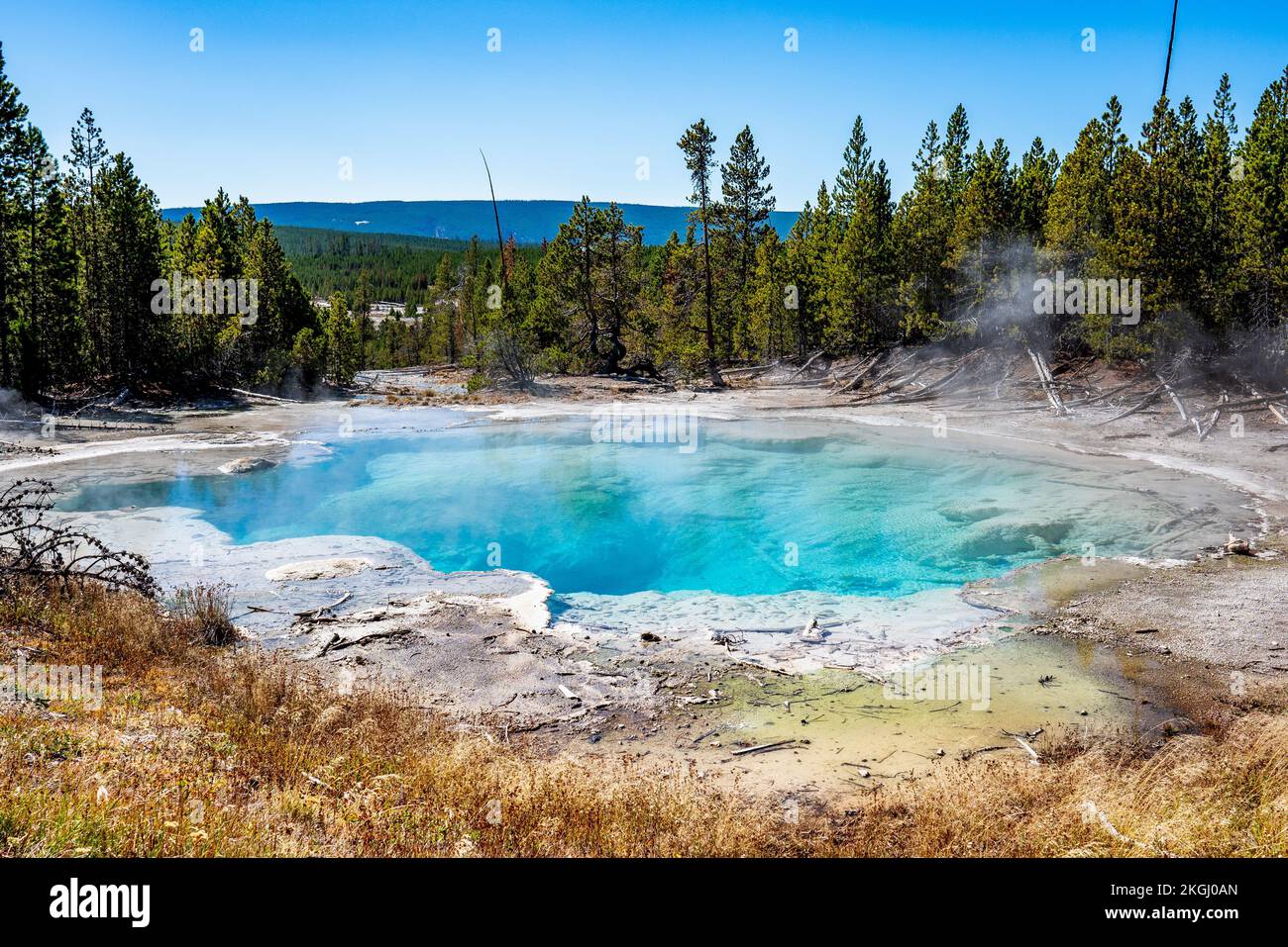 A beautiful shot of a steam hot springs pool in Yellowstone National ...