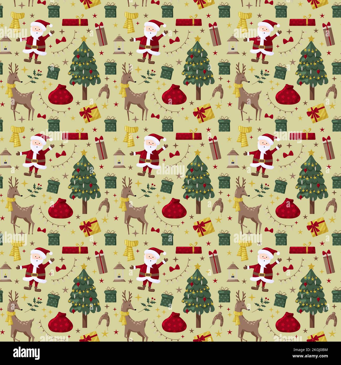 Christmas seamles pattern with tree, santa, decoration, gifts ...