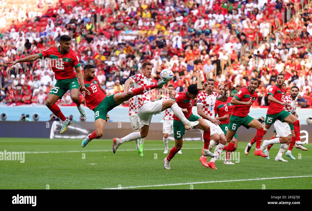 Morocco’s Youssef En-Nesyri defends a corner during the FIFA World Cup Group F match at the Al ...