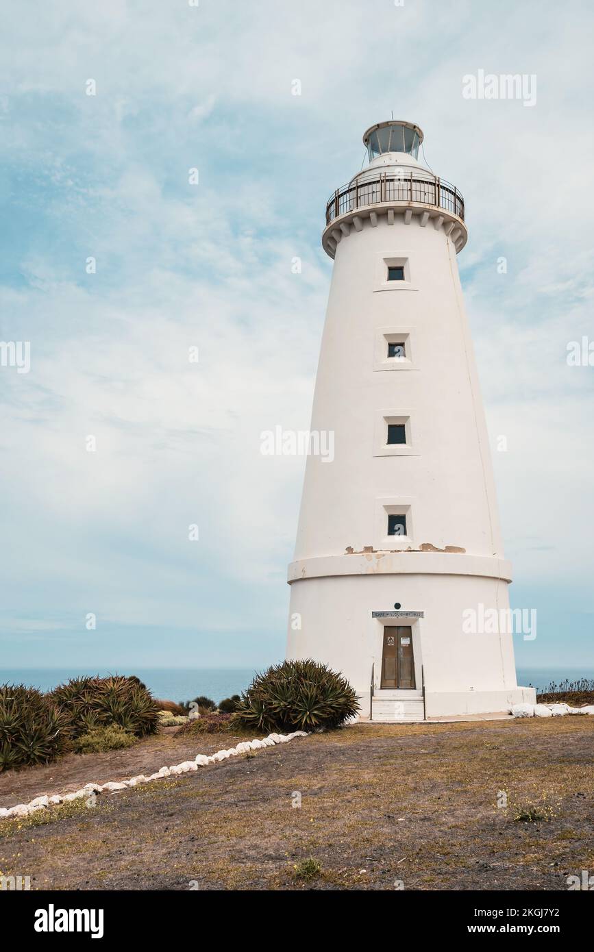 Cape Willoughby active lighthouse viewed against blue sky with clouds ...