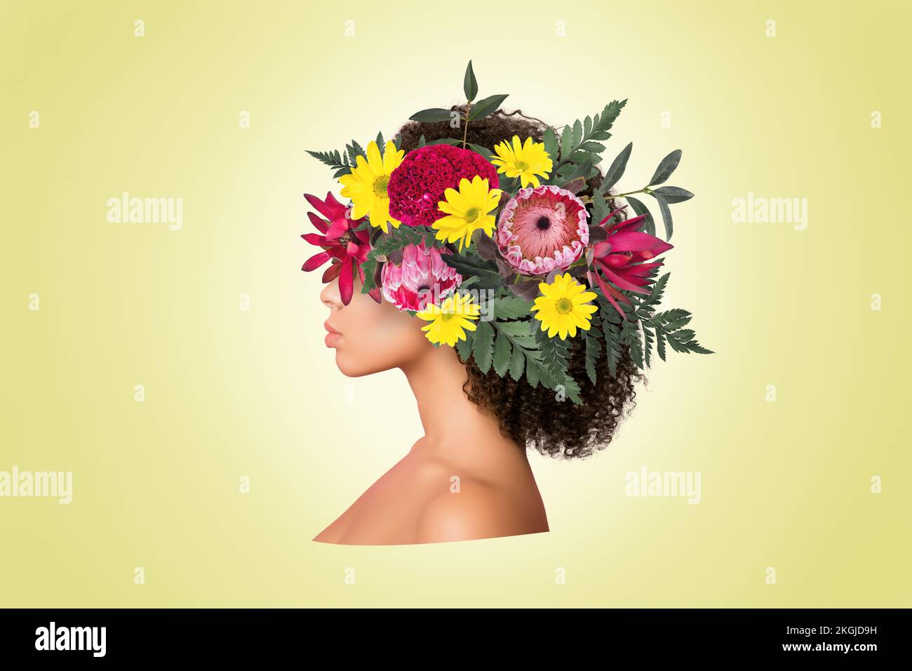 Creative pop collage of lady profile side apply natural healthy floral ...