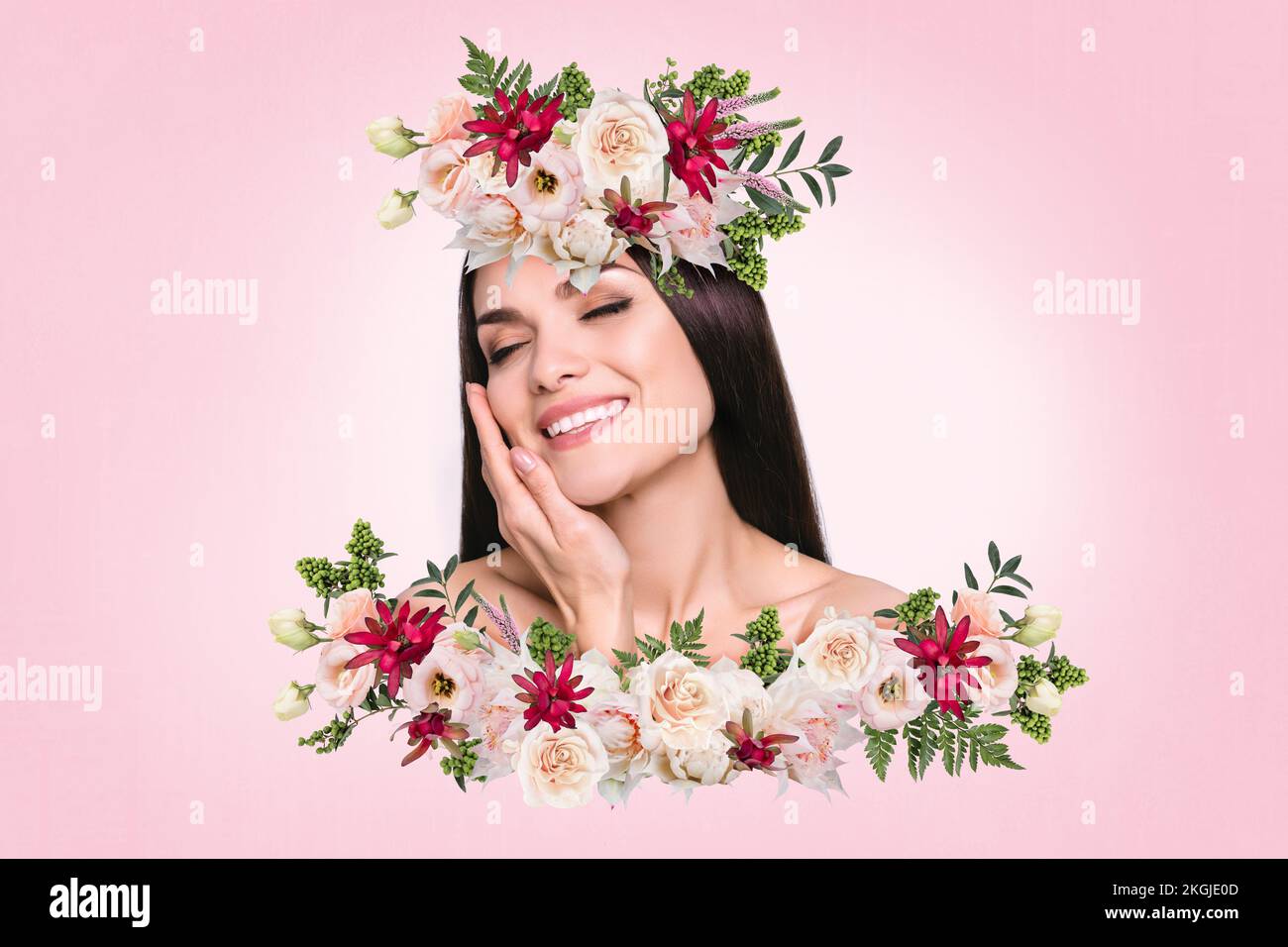 Collage metaphor poster of charming lady touch her skin enjoying new ...