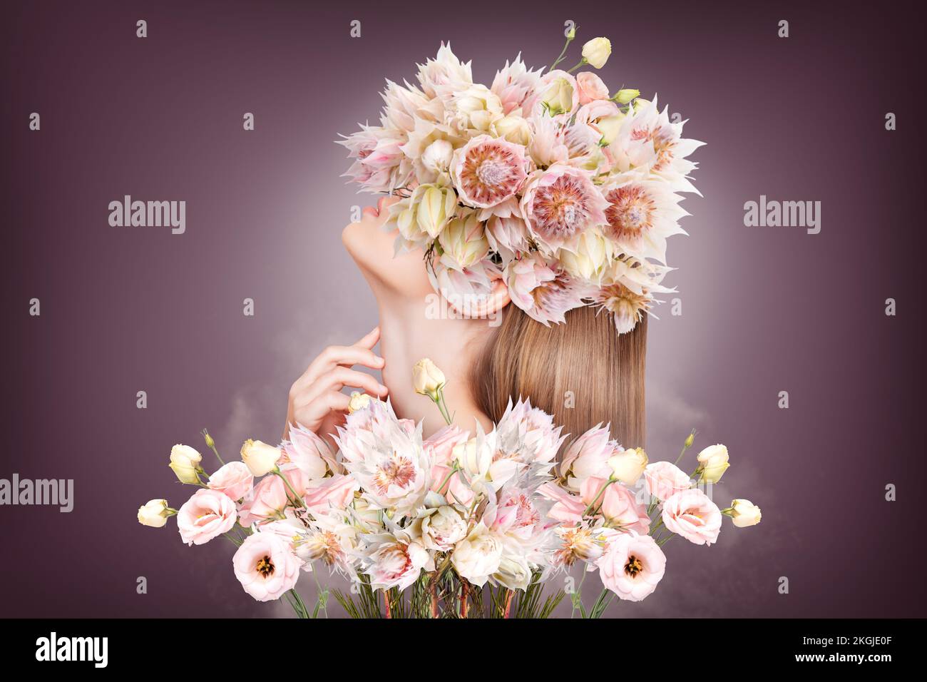 Poster banner collage of fantasy lady having blooming flowers in soft ...