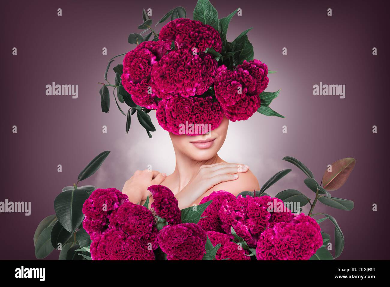 Poster creative collage of weird lady with pink flowers beauty ...