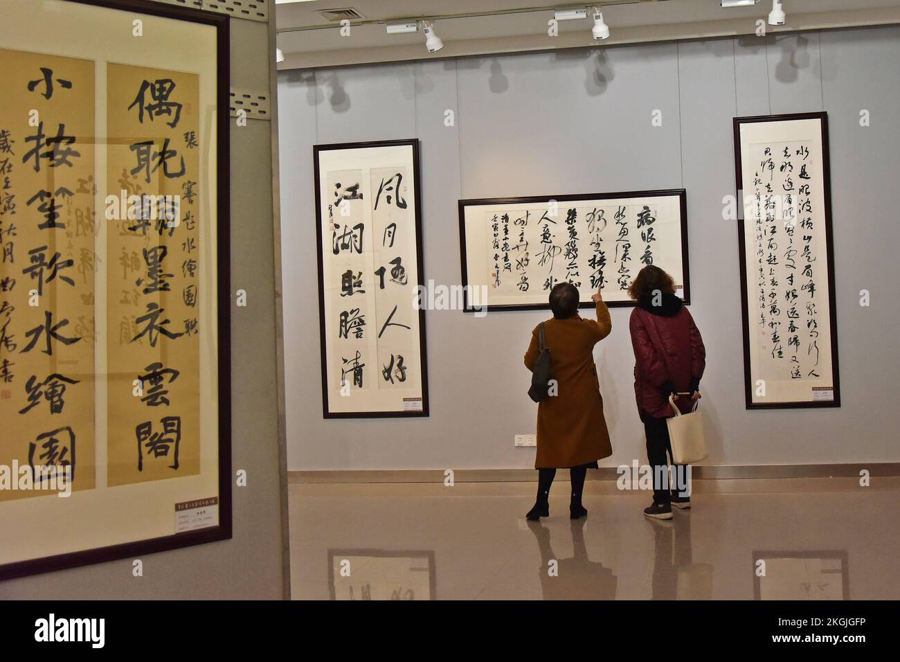 Visitors are appreciating the Chinese calligraphy works in the National ...