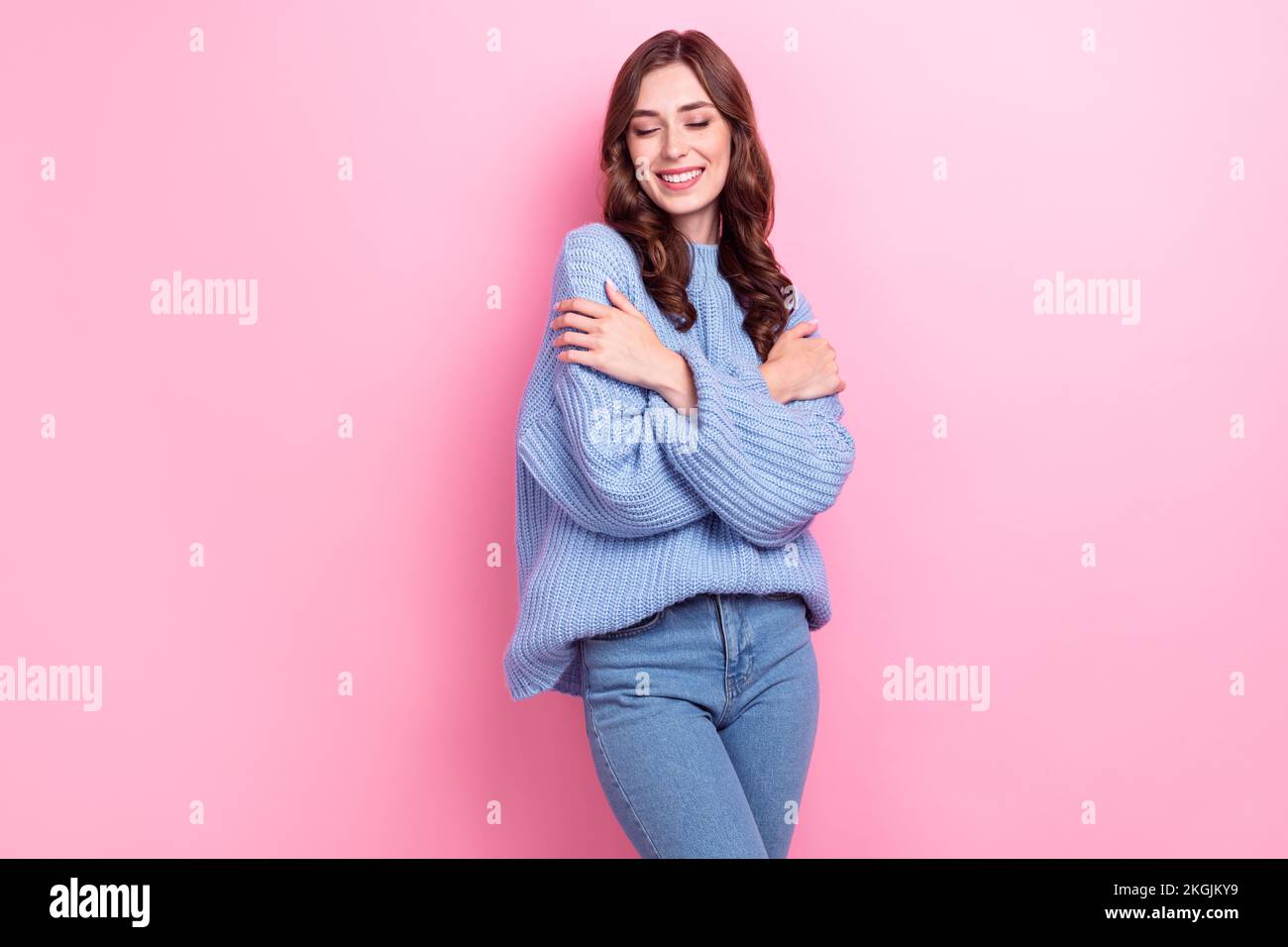 Portrait of lovely pretty girl closed eyes hands embrace shoulder ...