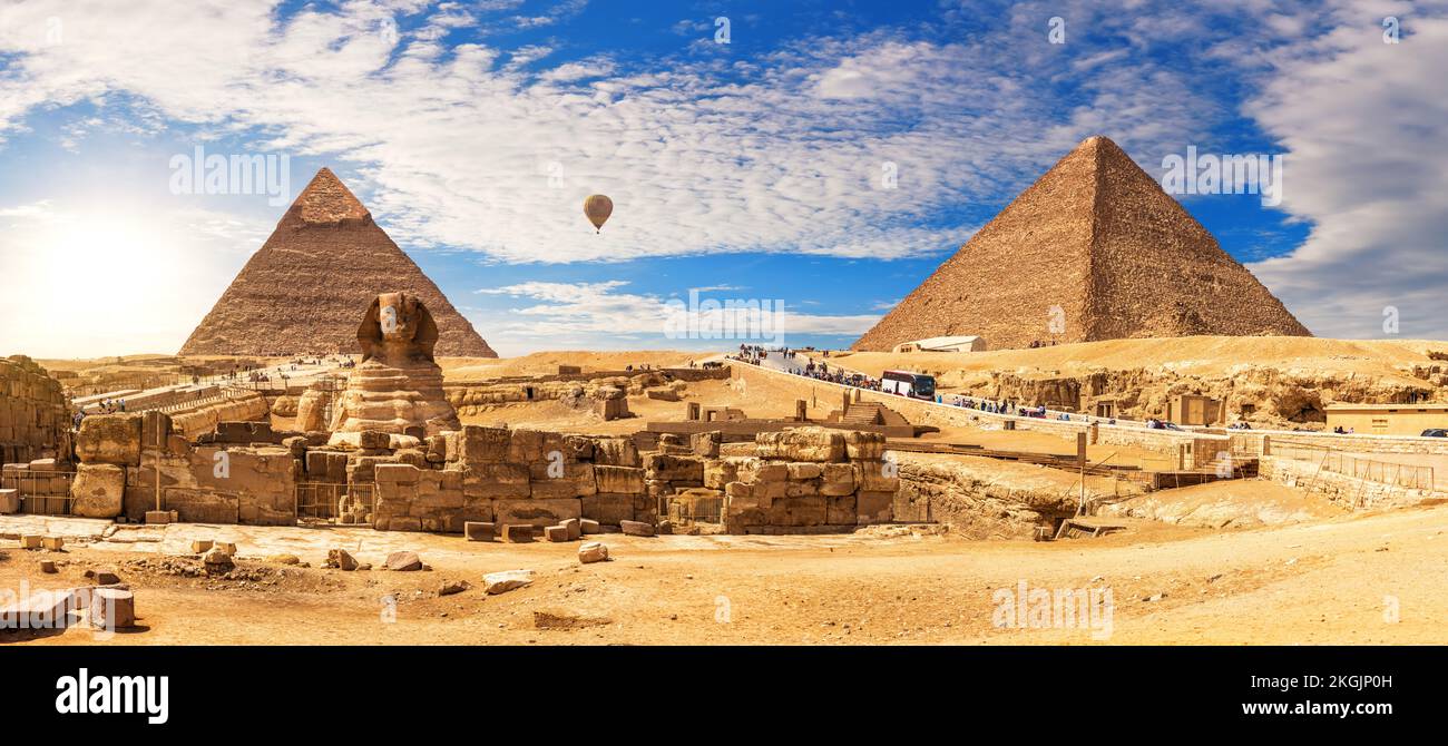 The Great Sphinx panorama by the Pyramids of Egypt, sunset view, Giza ...