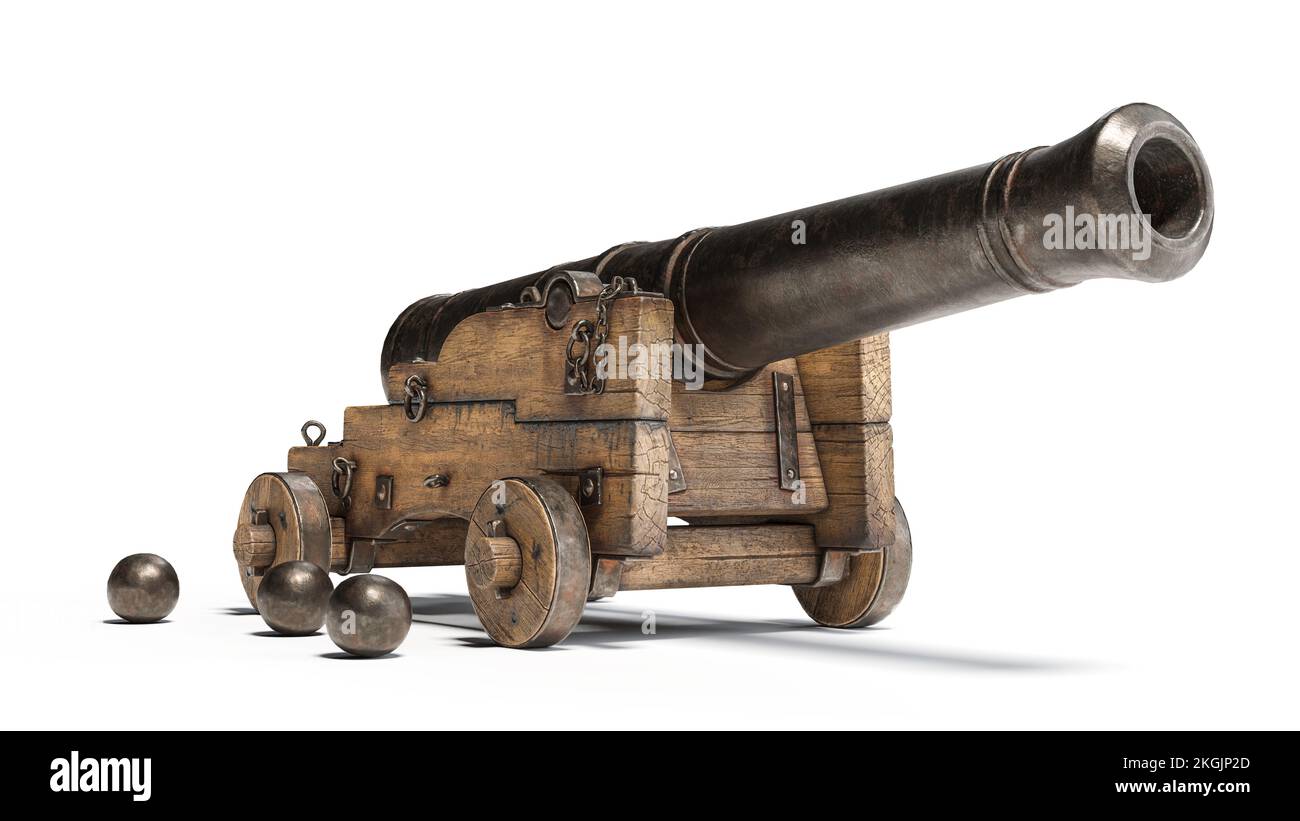 Ancient cannon on wheels with cannonballs isolated on white background ...