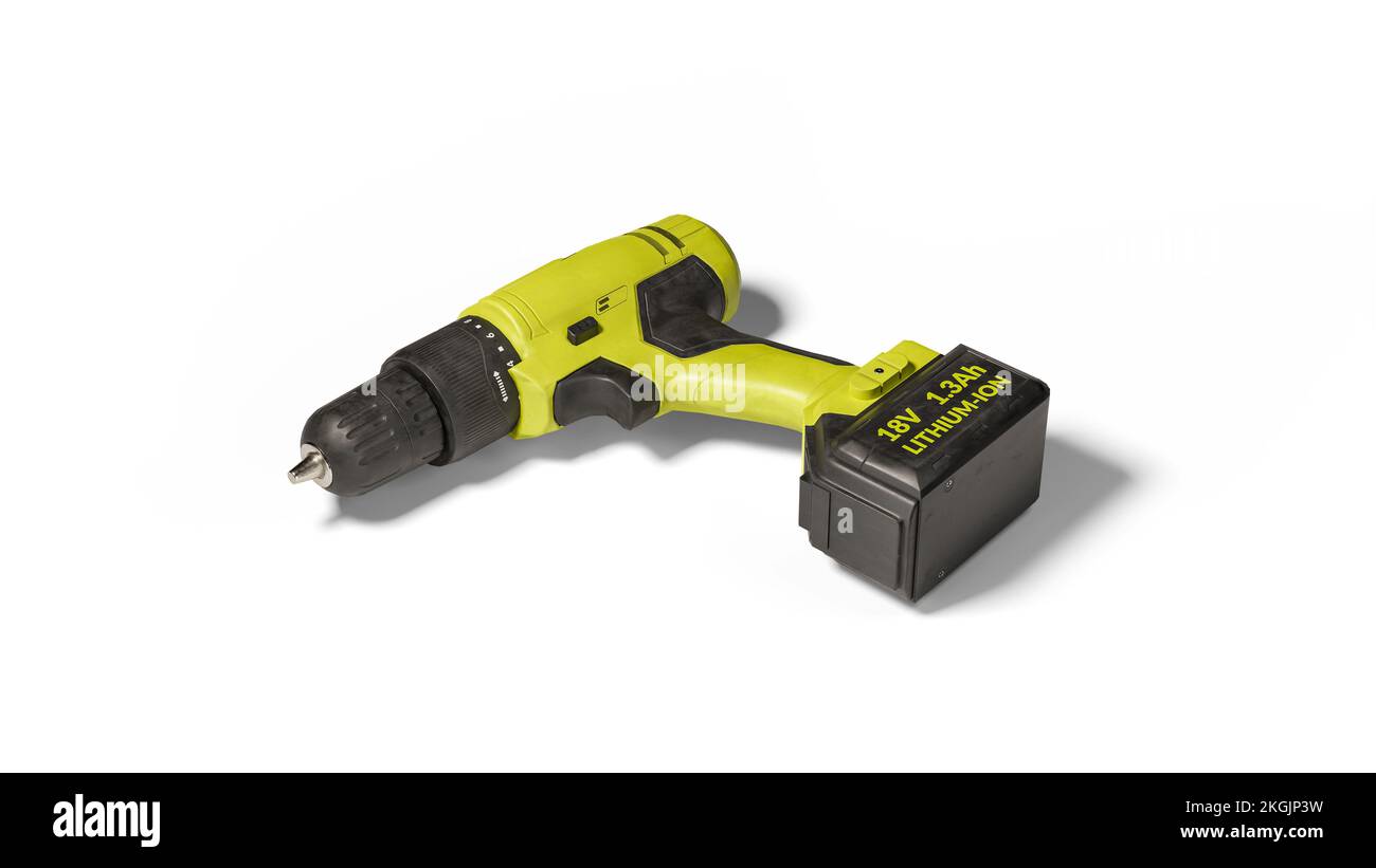 The yellow cordless battery powered drill isolated on white background ...