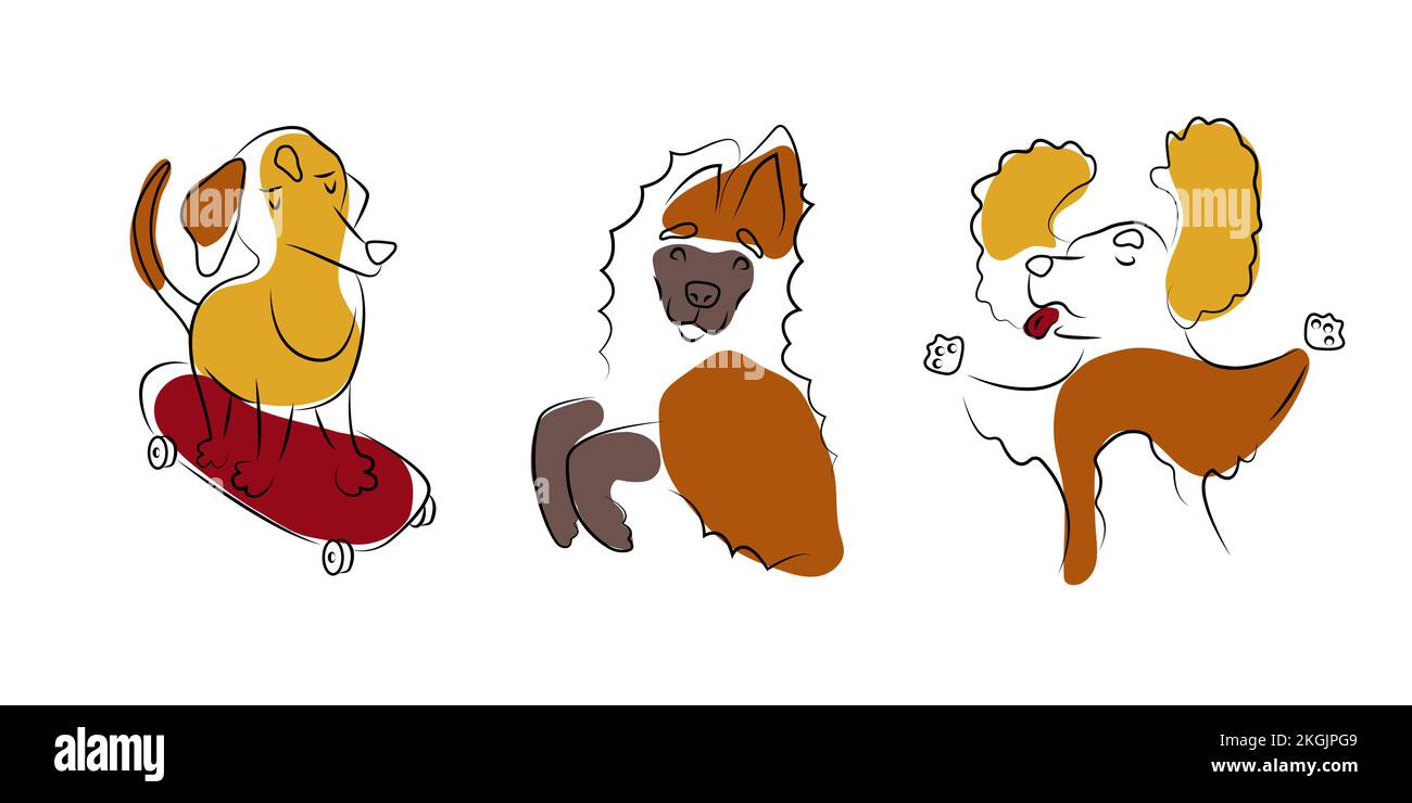 Collection of linear illustrations with different breeds of dogs. Color ...
