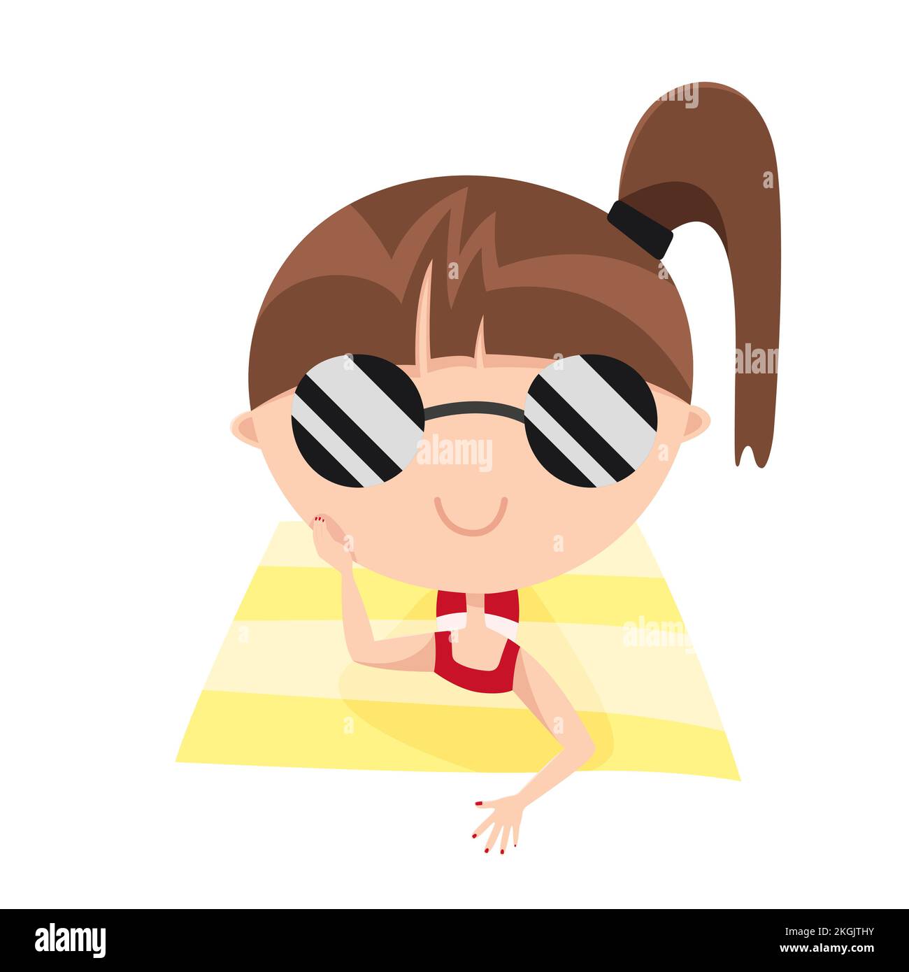 Little cute girl in sunglasses sunbathes on beach. Cartoon teen child ...