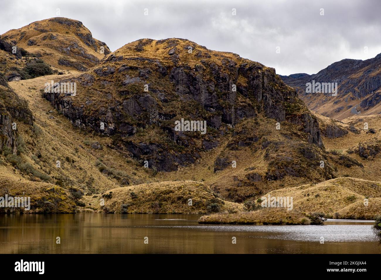 A black stone cliff and a glacial lake in Cajas National Park in the ...