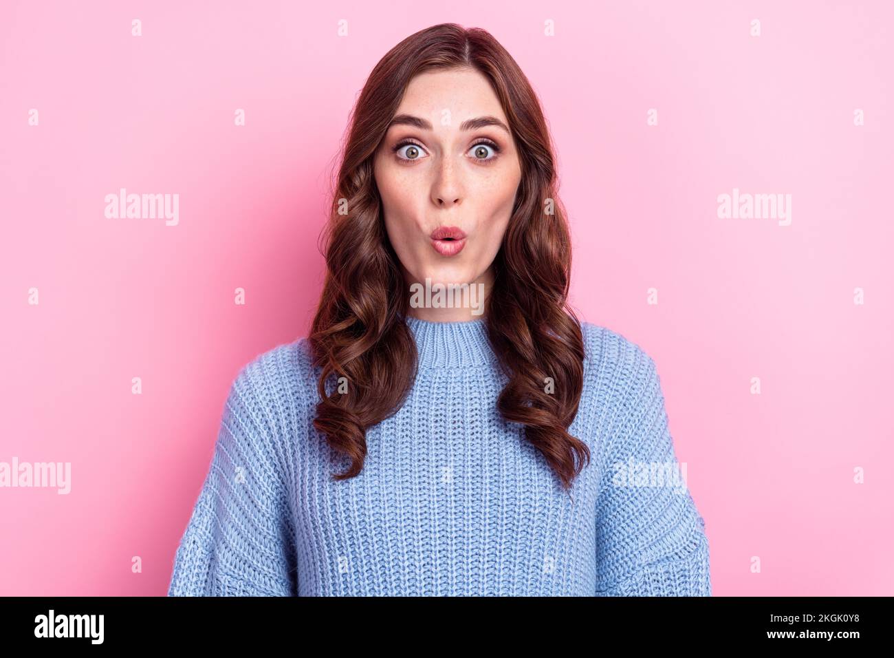 Closeup portrait of funny crazy nice woman wear blue knitted sweater ...