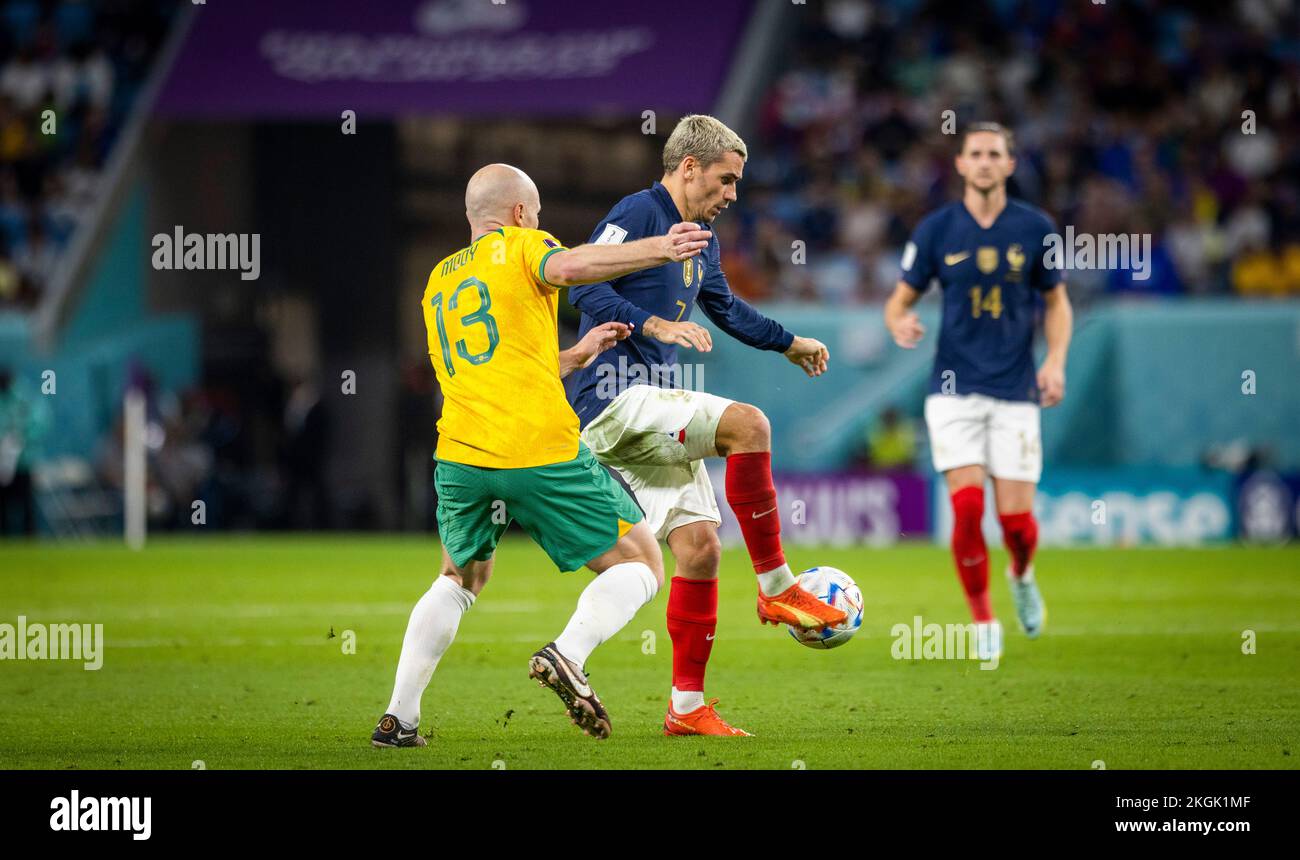 Doha, Qatar. 22nd Nov, 2022. Antoine Griezmann (FRA), Aaron Mooy (AUS ...