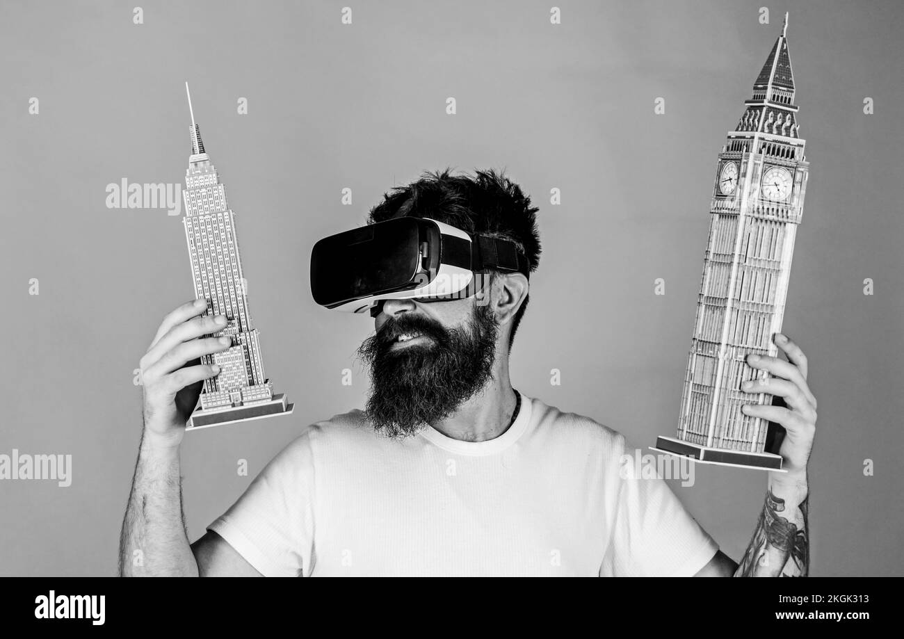 Man with beard in VR glasses, green background. 3D design concept. Guy ...