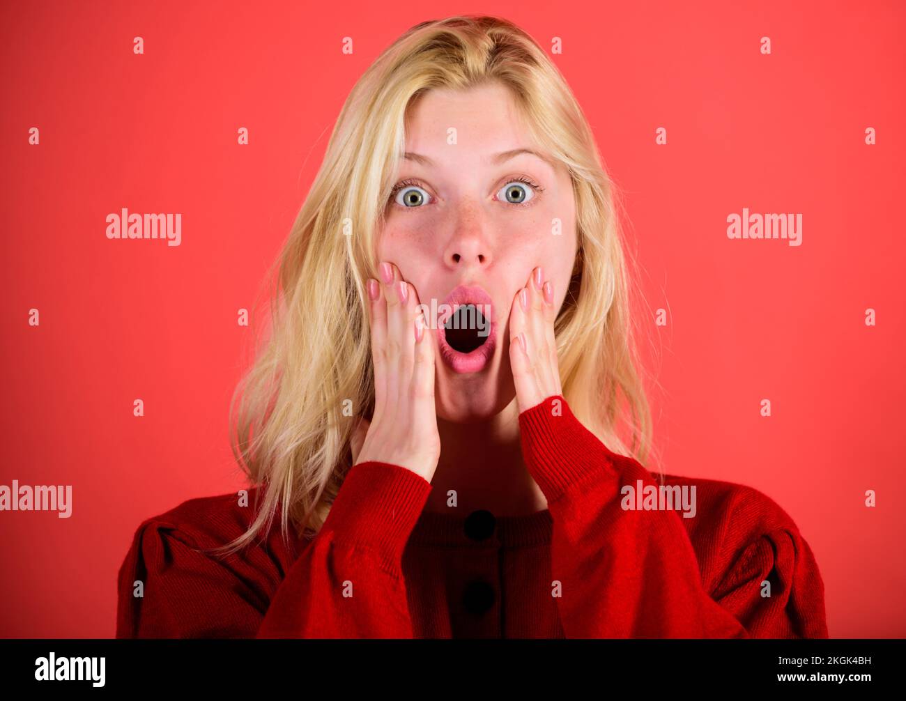 Shocking news concept. Girl shocked overwhelmed by surprise. Surprised ...