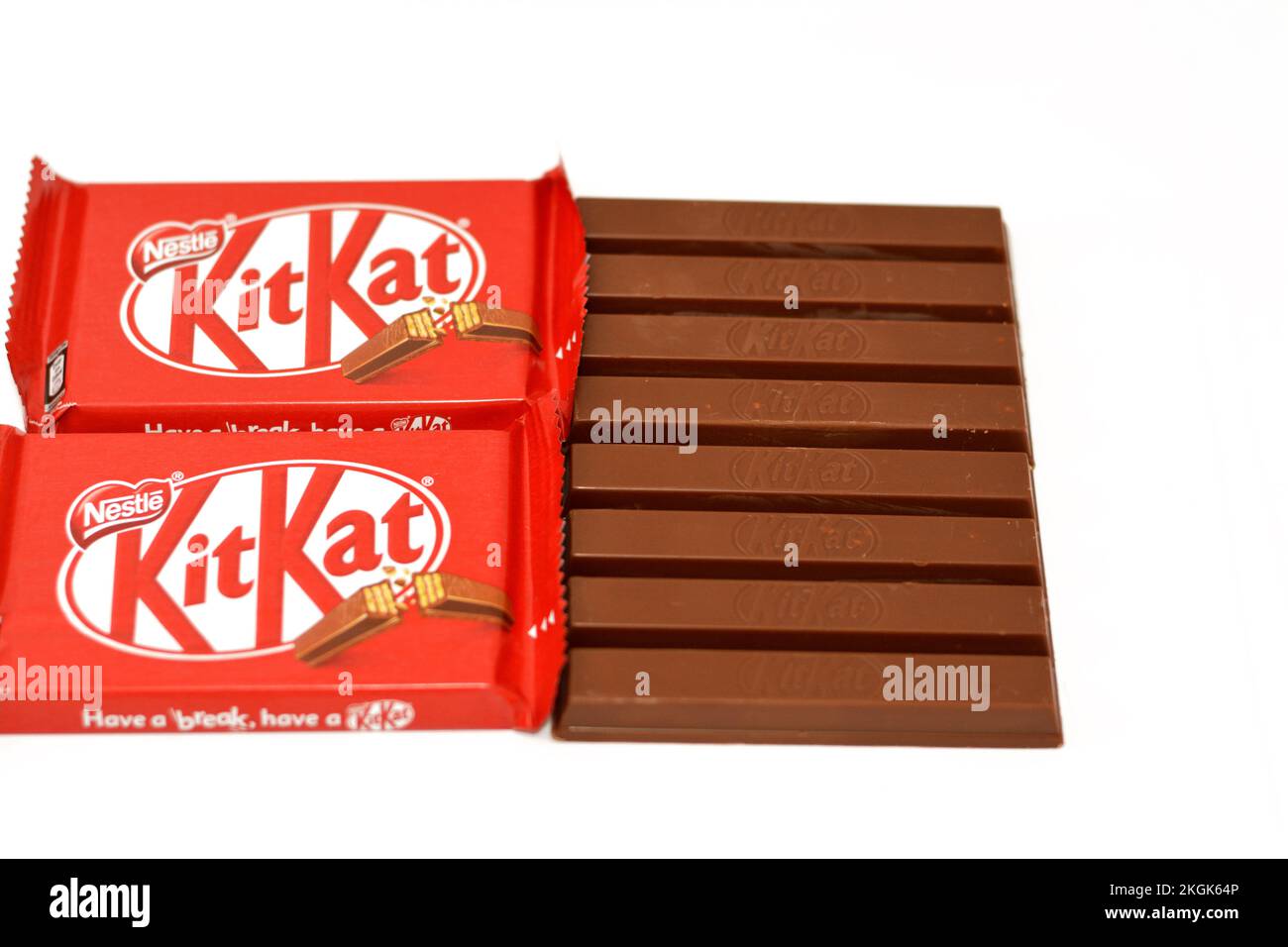 Cairo, Egypt, November 7 2022: KitKat, a chocolate-covered wafer bar confection created by ...