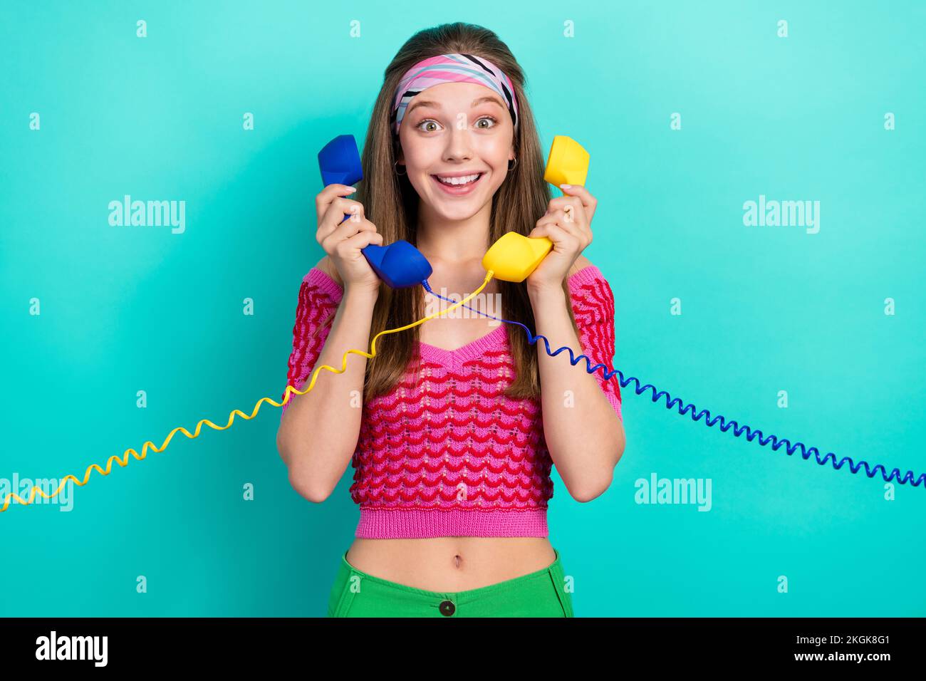 Portrait of impressed positive ecstatic girl with brown hair dressed ...