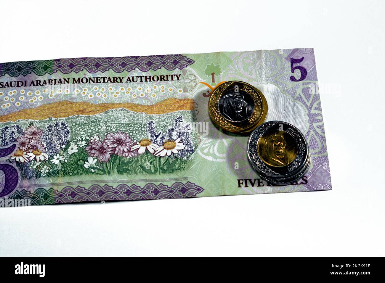 Reverse side of 5 SAR five Saudi Arabia riyals cash money banknote bill ...