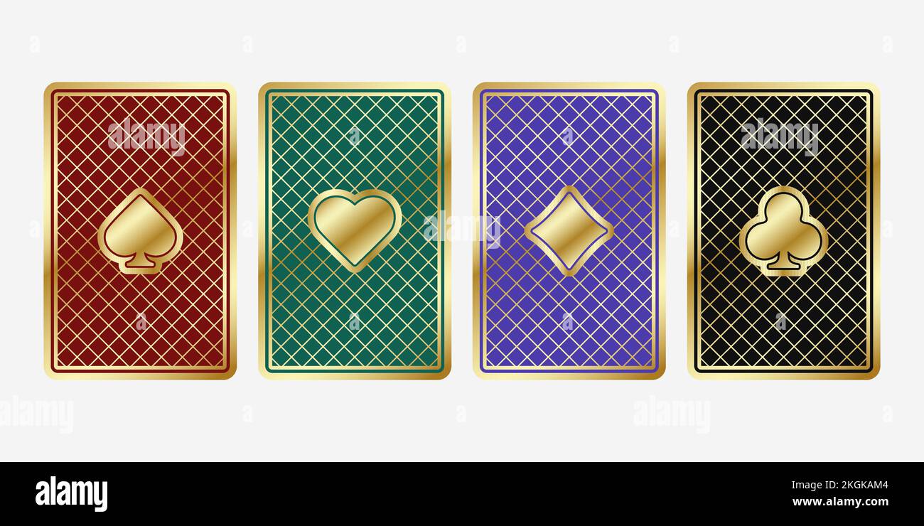 Four beautiful playing cards. The backside cards are green, red, black ...