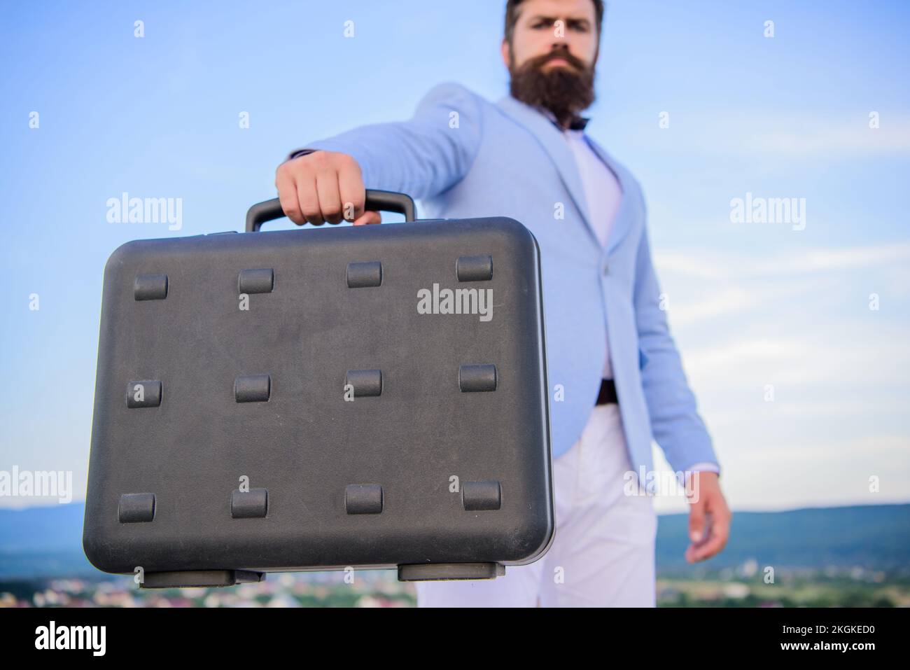 Business man formal suit carries briefcase sky background. Businessman ...