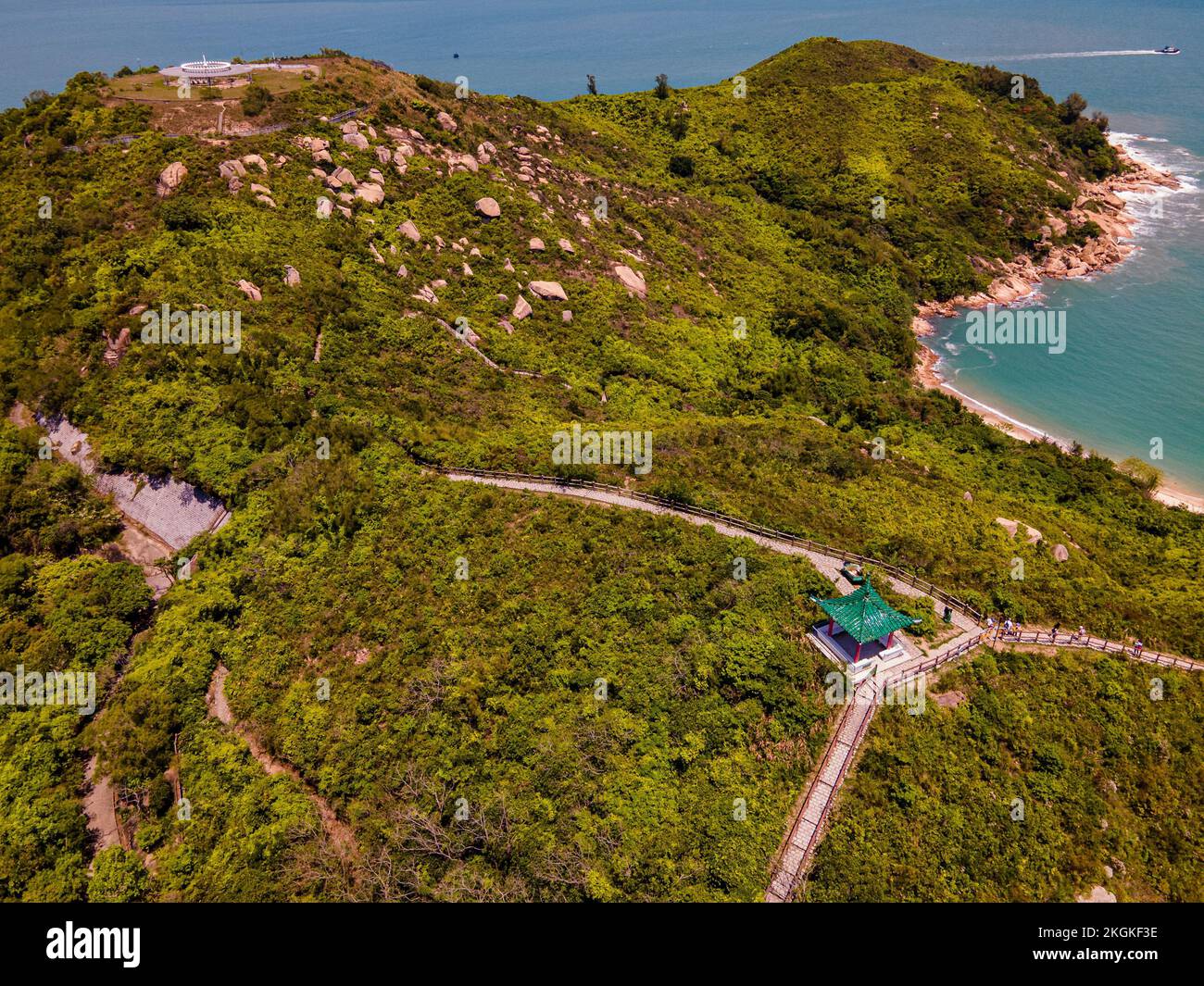 An aerial view of the forested coast and sea in Cheung Chau, Hong Kong ...