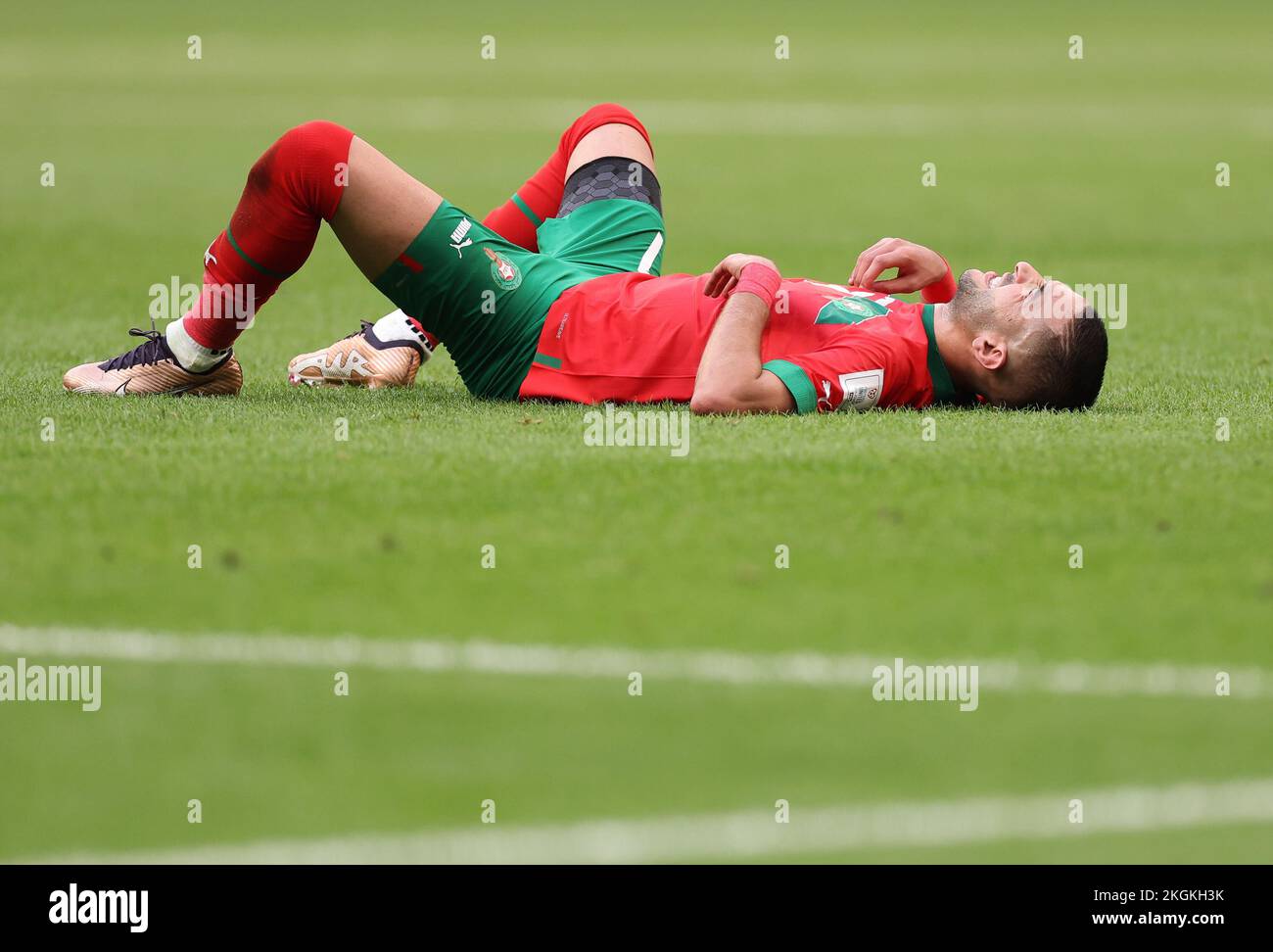 Al Khor, Qatar. 23rd Nov, 2022. Hakim Ziyech of Morocco reacts after ...
