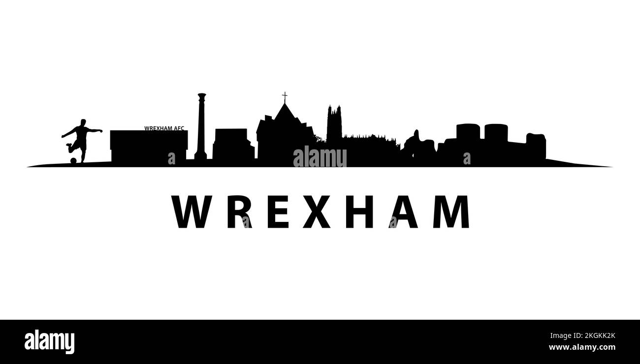 Wrexham Skyline City Landscape in Wales. Welsh Landmarks silhouettes in ...