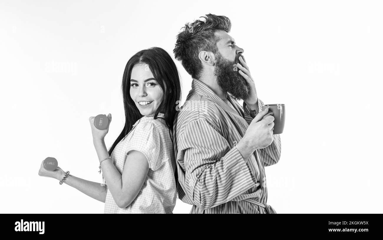 Couple, family on sleepy faces, full of energy. Couple in love in ...