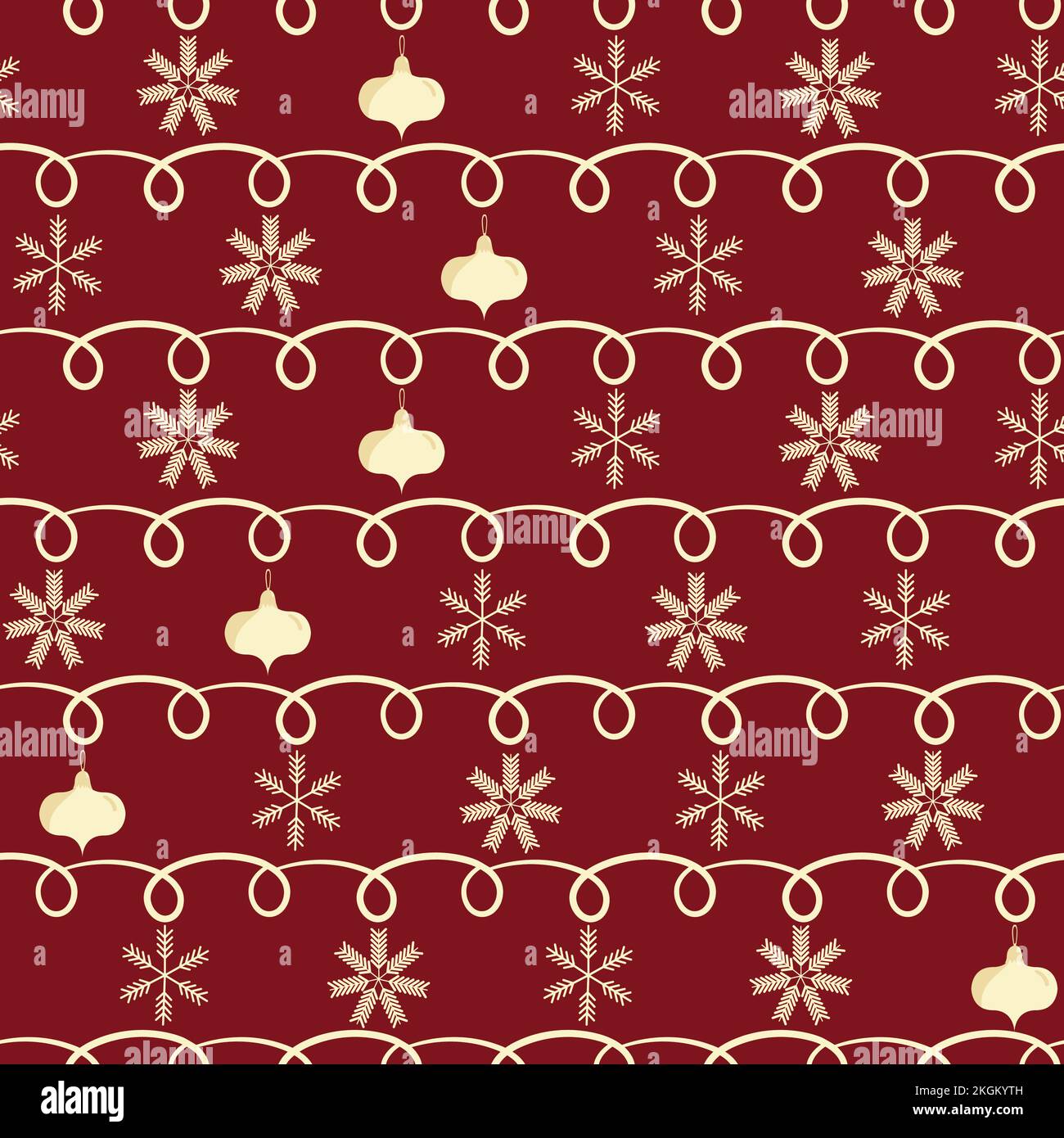 Christmas snowflake, bauble and doodle loop vector seamless pattern background. Red white ...