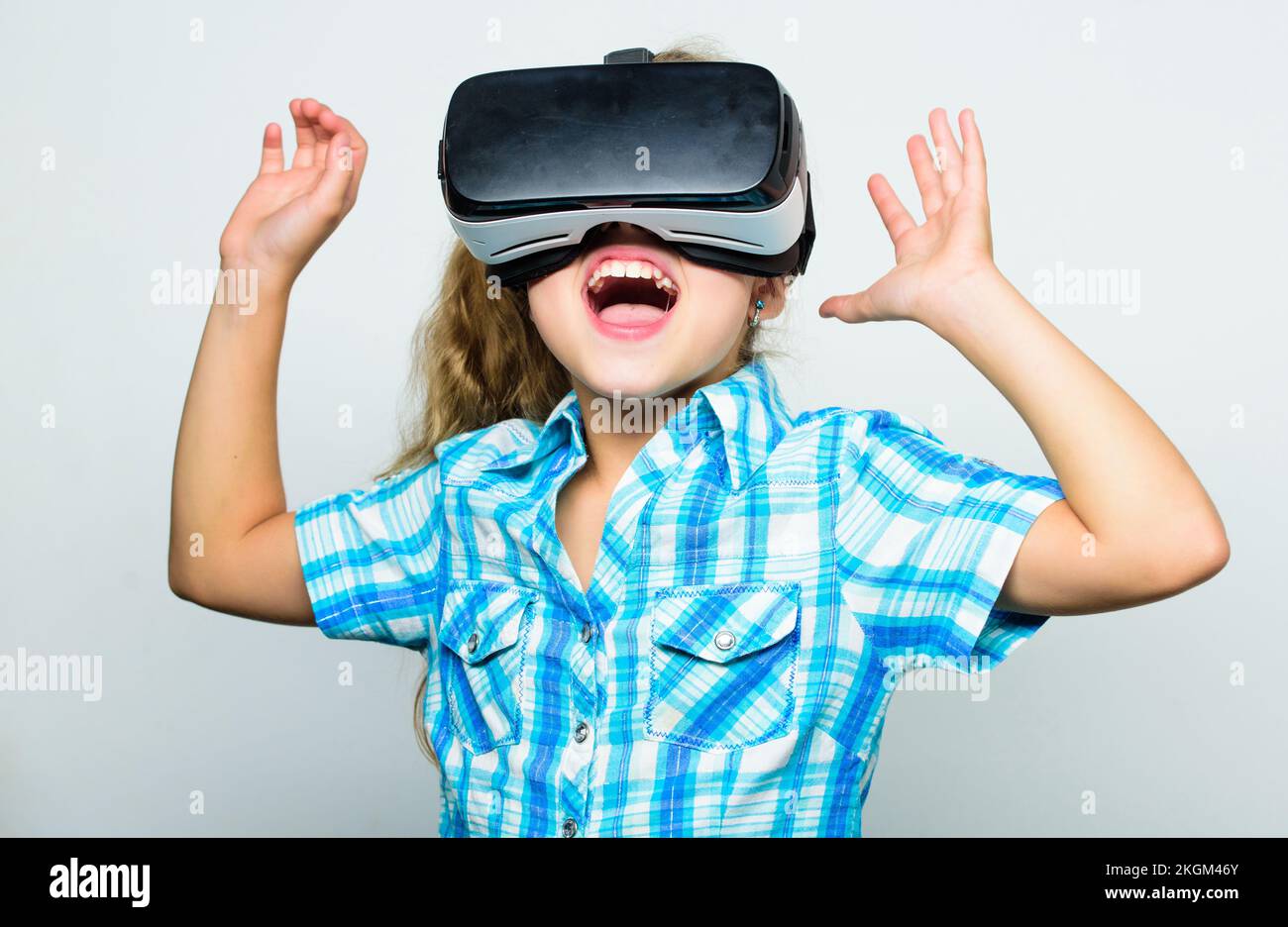 Girl cute child with head mounted display on white background. Virtual ...