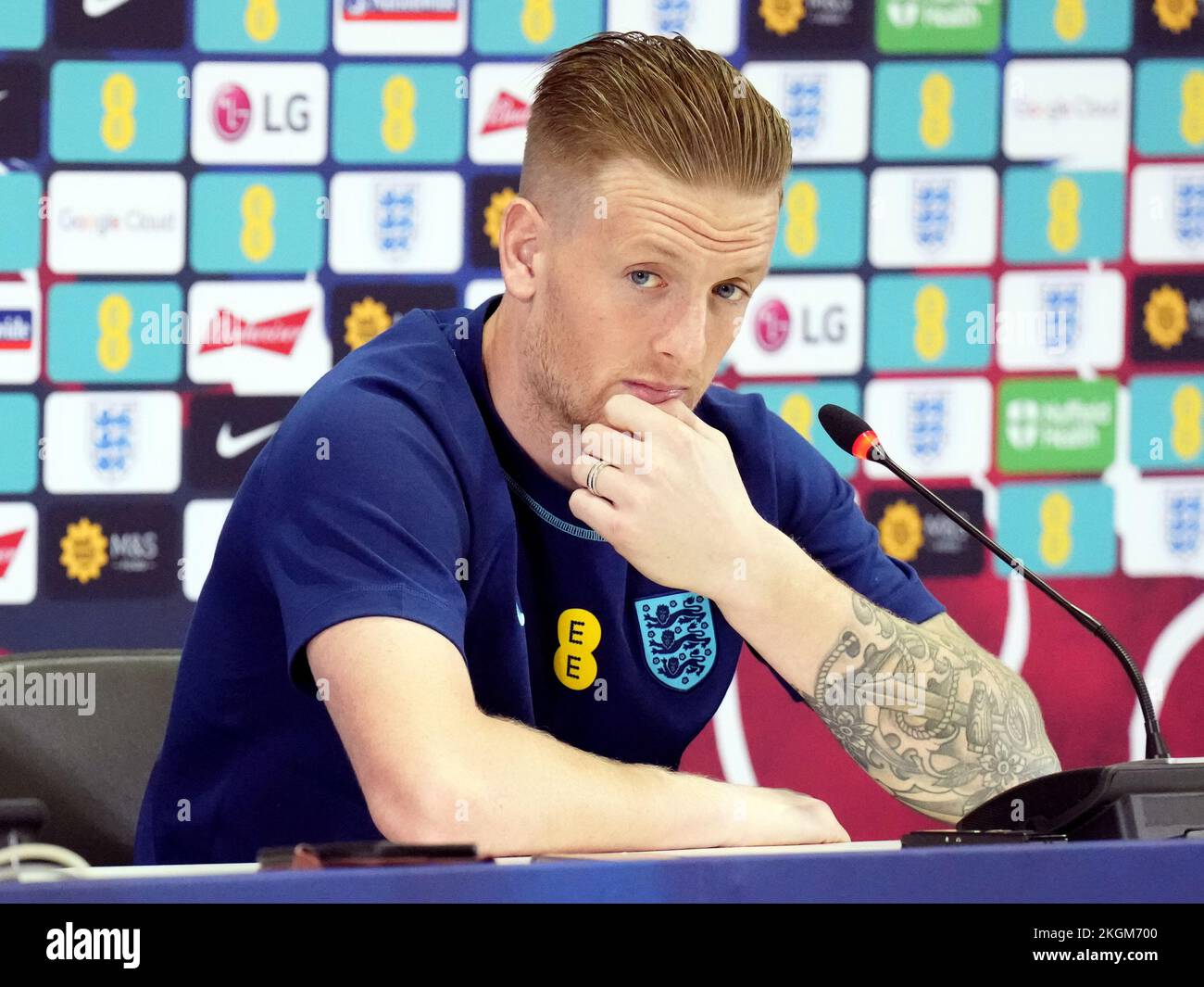 England goalkeeper Jordan Pickford during a media session at the Al ...