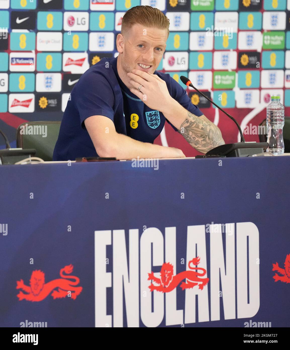 England goalkeeper Jordan Pickford during a media session at the Al ...