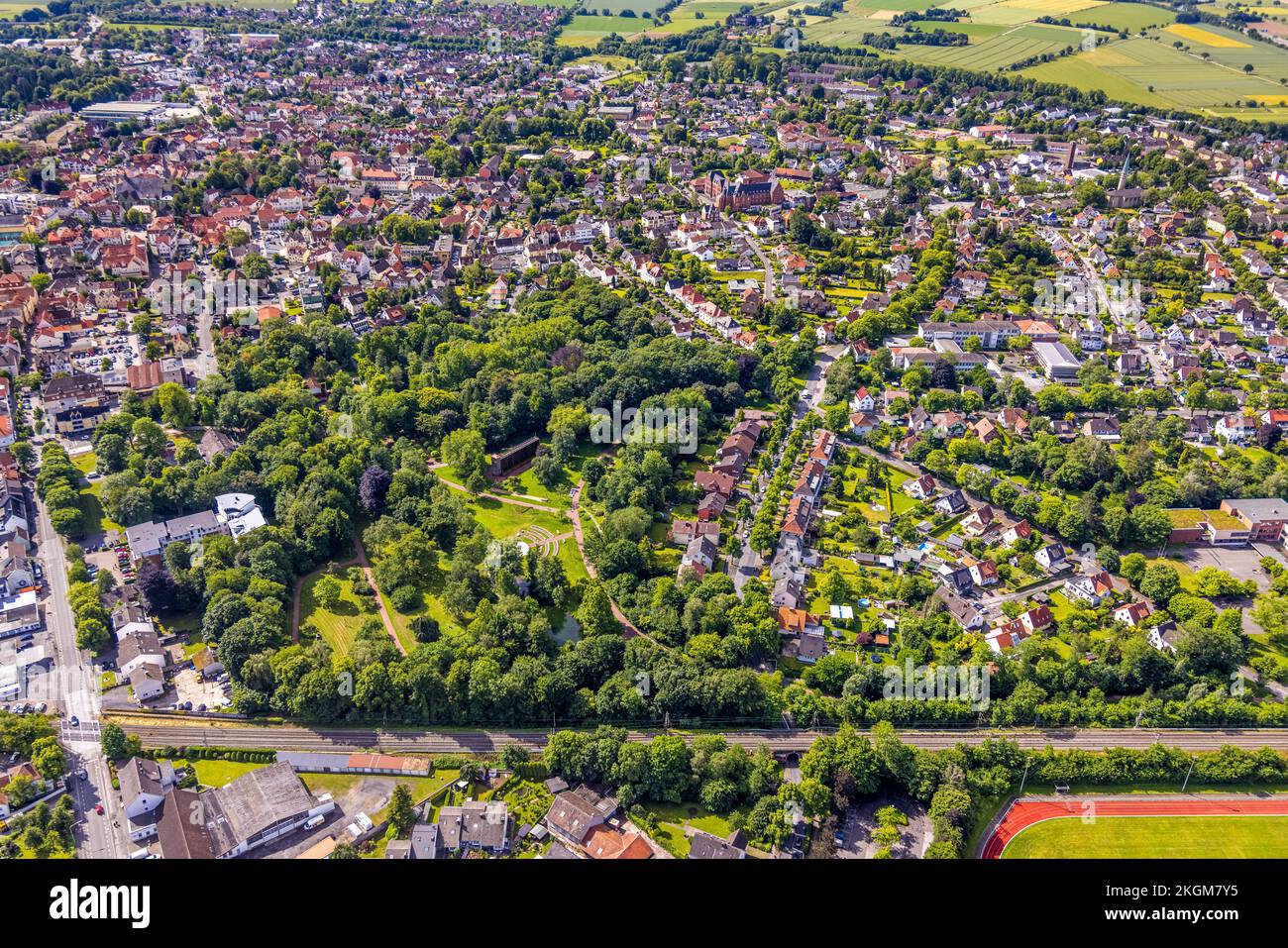Aerial view, town view with spa park, Werl, Soester Boerde, North Rhine ...