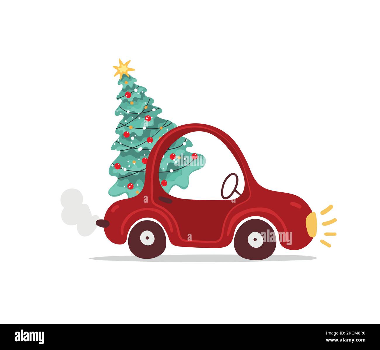 Red vintage car with christmas tree, christmas design element, flat ...